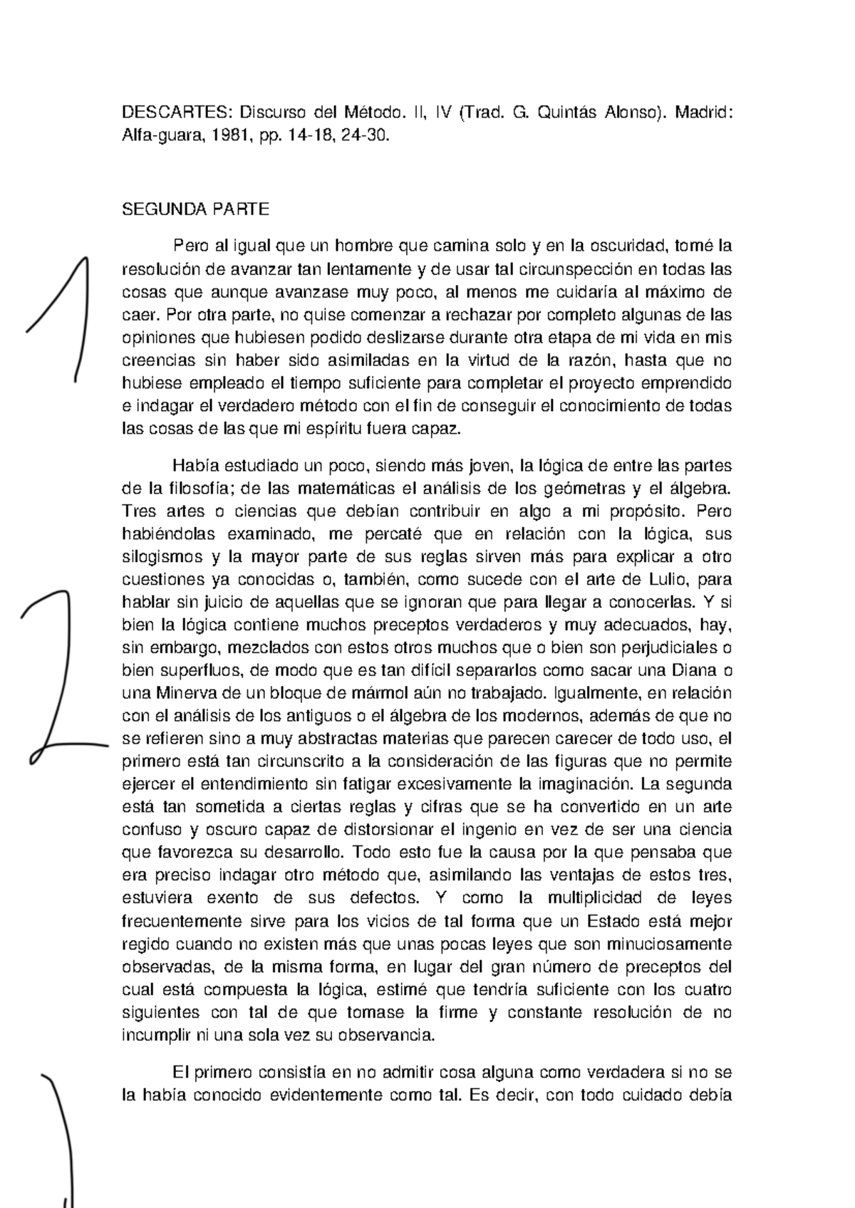 Texto descartes 2º Bach - DESCARTES: Discurso del Método. II, IV (Trad ...