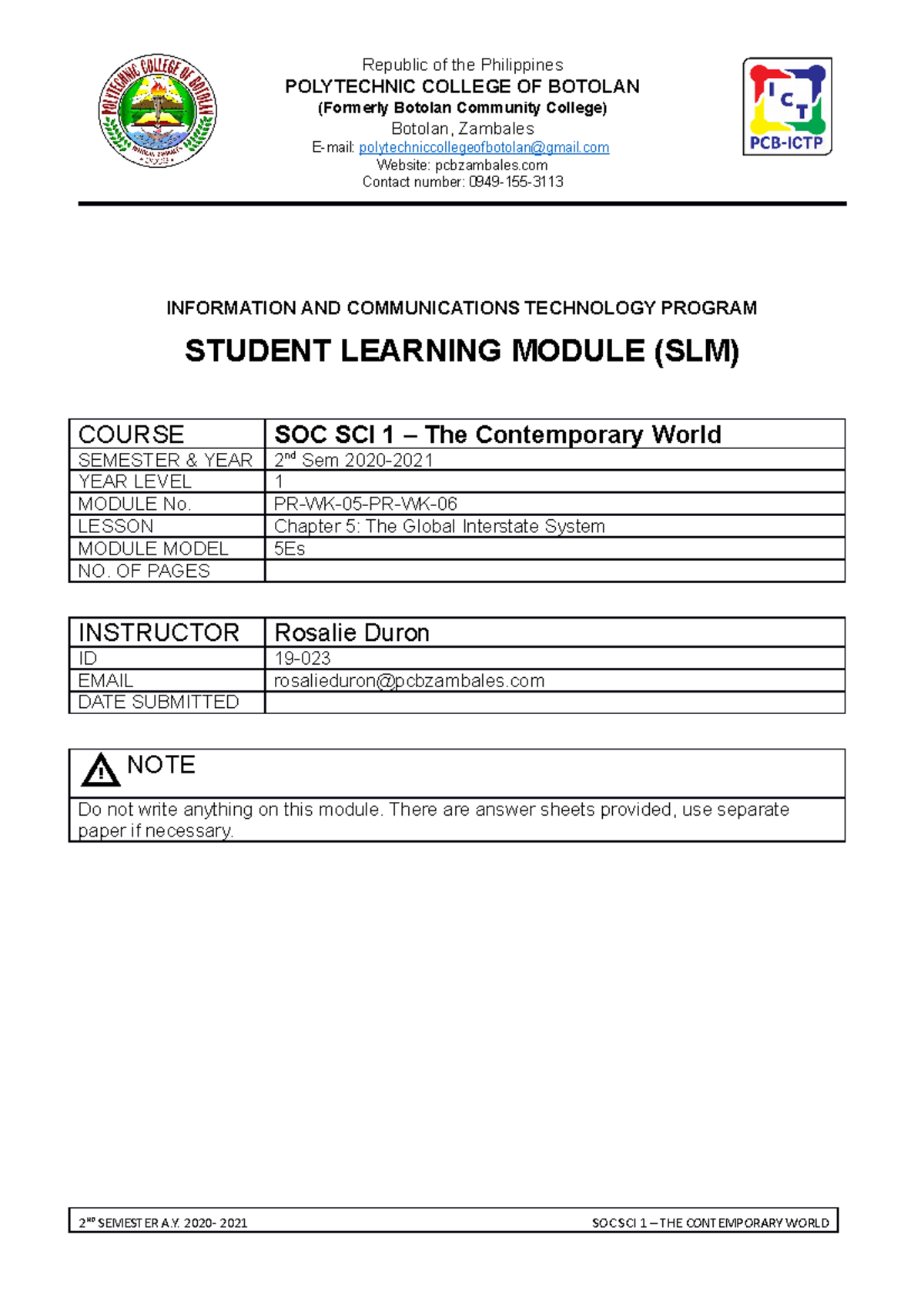 SOC SCI 1 - WK 5 - WK 6 - SOCIAL SCIENCE MODULE 1 - Republic of the Philippines POLYTECHNIC ...