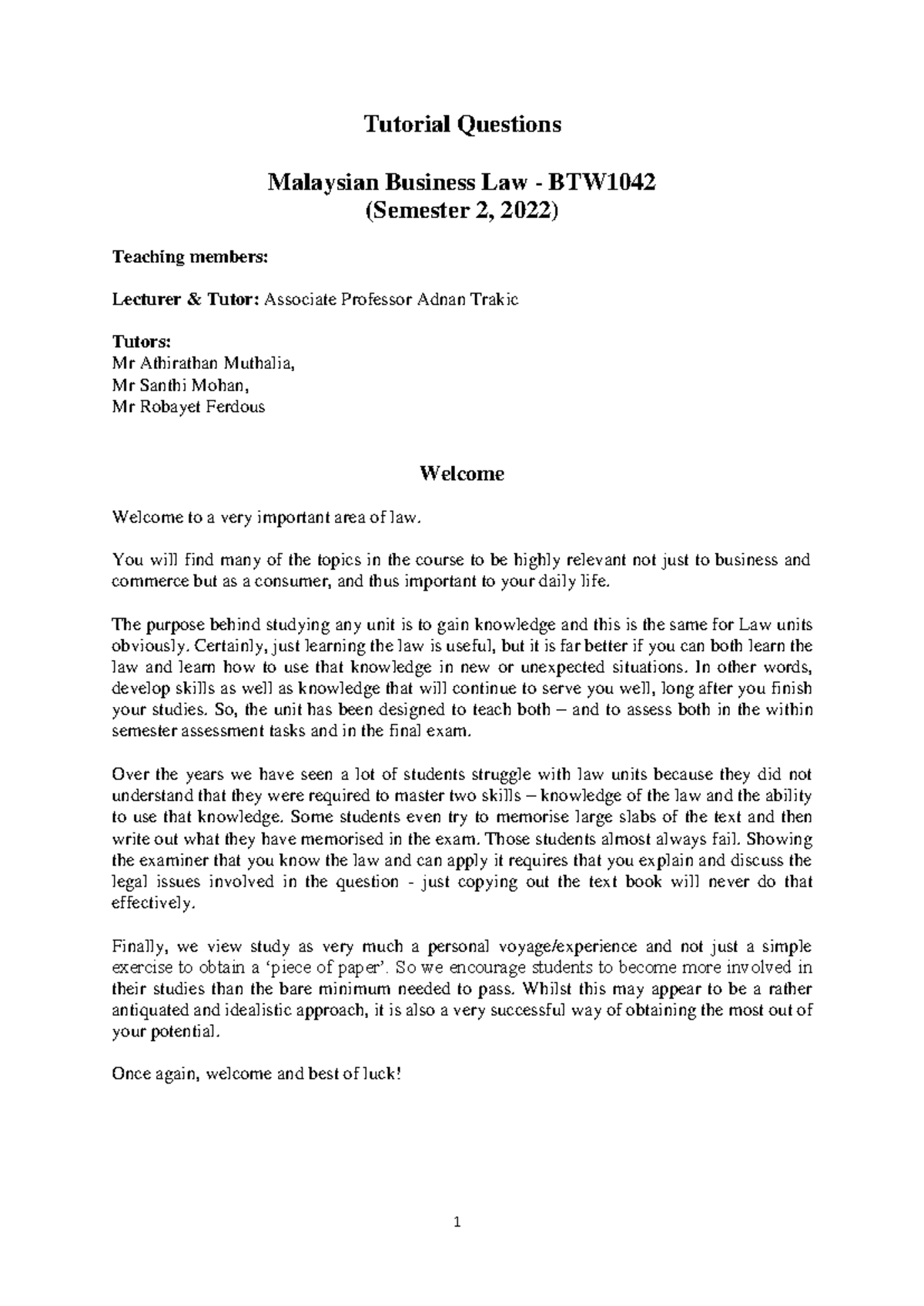 Tutorial Questions all weeks - Tutorial Questions Malaysian Business ...