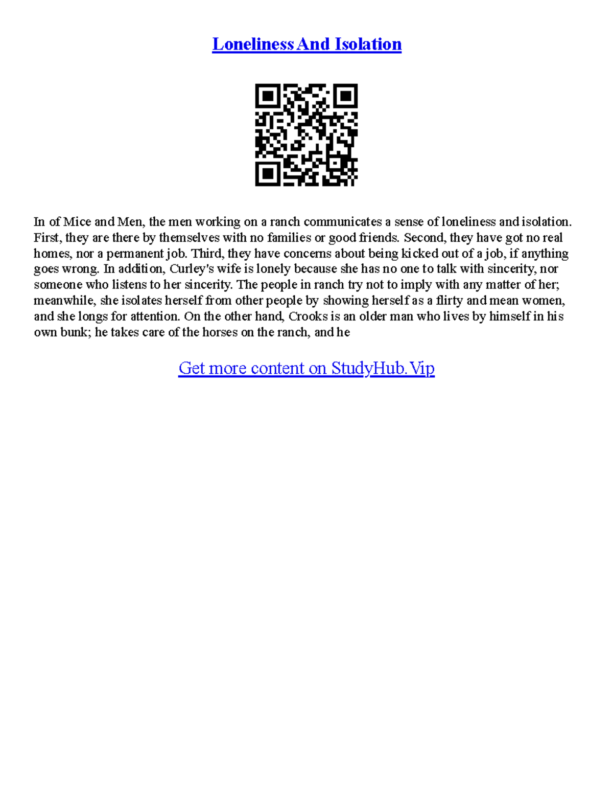 Essay Loneliness - Loneliness And Isolation In of Mice and Men, the men ...