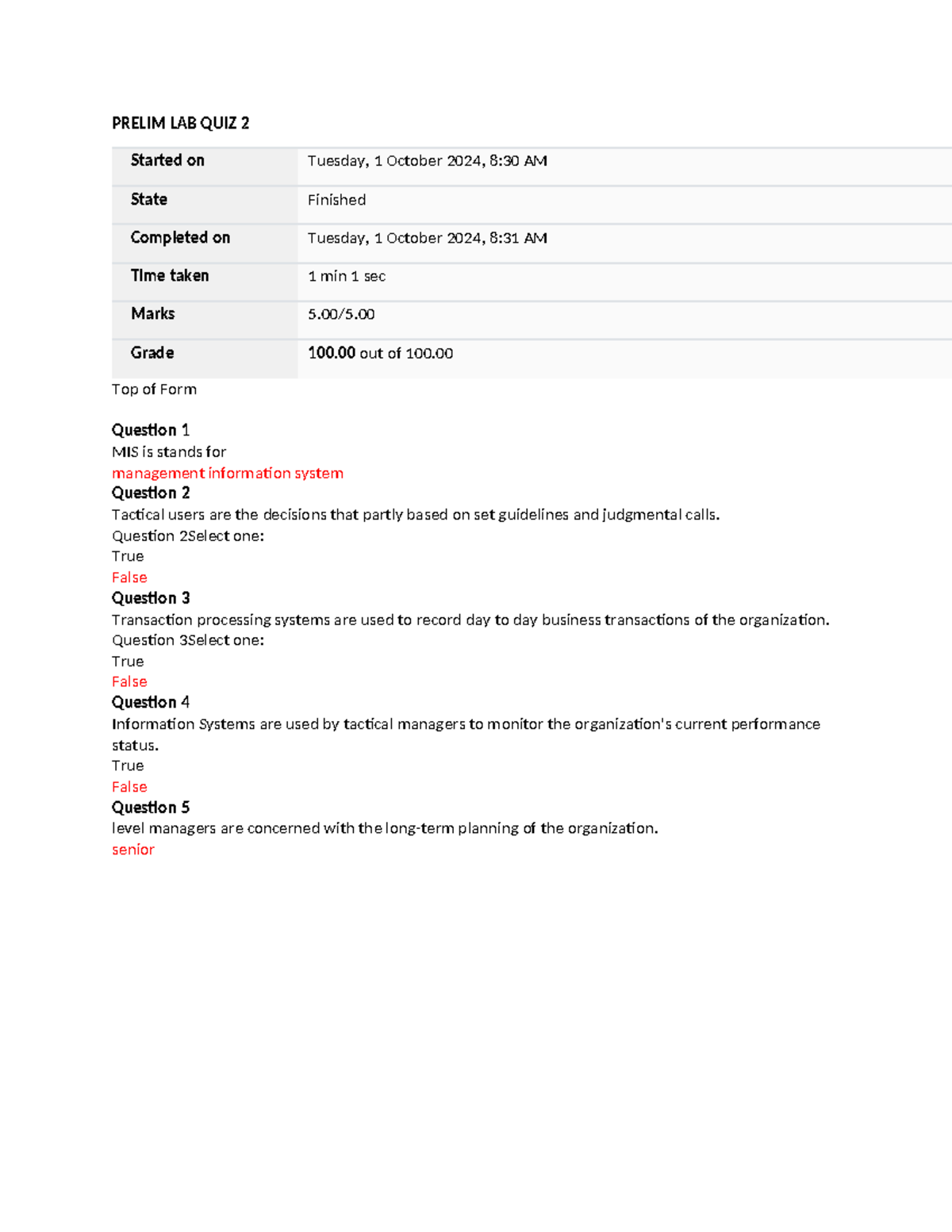 Information management Prelim LAB QUIZ 2 - PRELIM LAB QUIZ 2 Started on Tuesday, 1 October 2024 ...