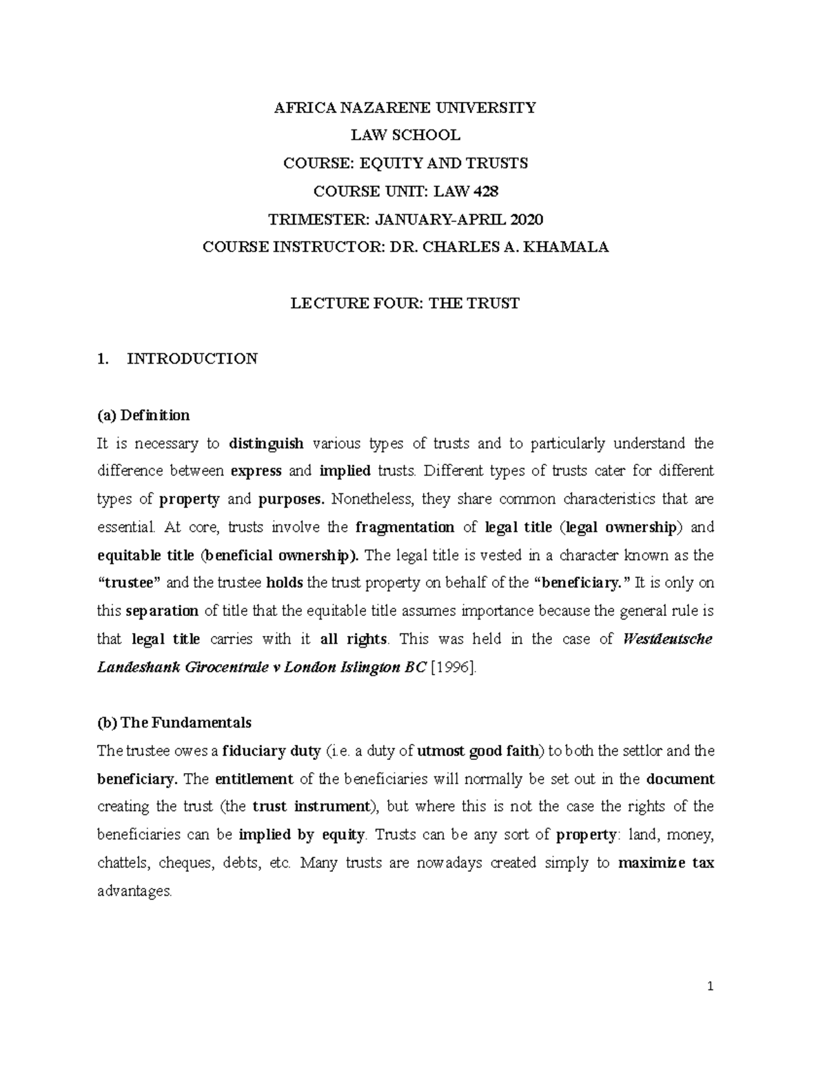 Classnotes 4 THE Trust - notes - AFRICA NAZARENE UNIVERSITY LAW SCHOOL ...