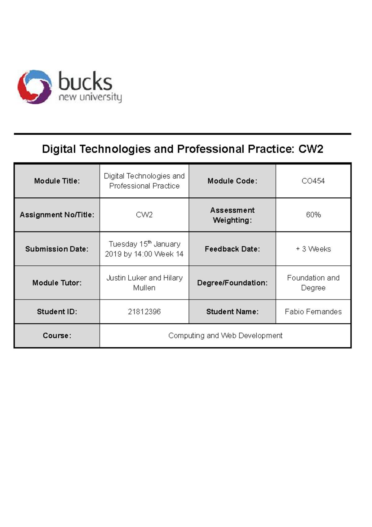 CO454 Digi-Tech CW2 Fabio - Digital Technologies and Professional Practice: CW Module Title ...