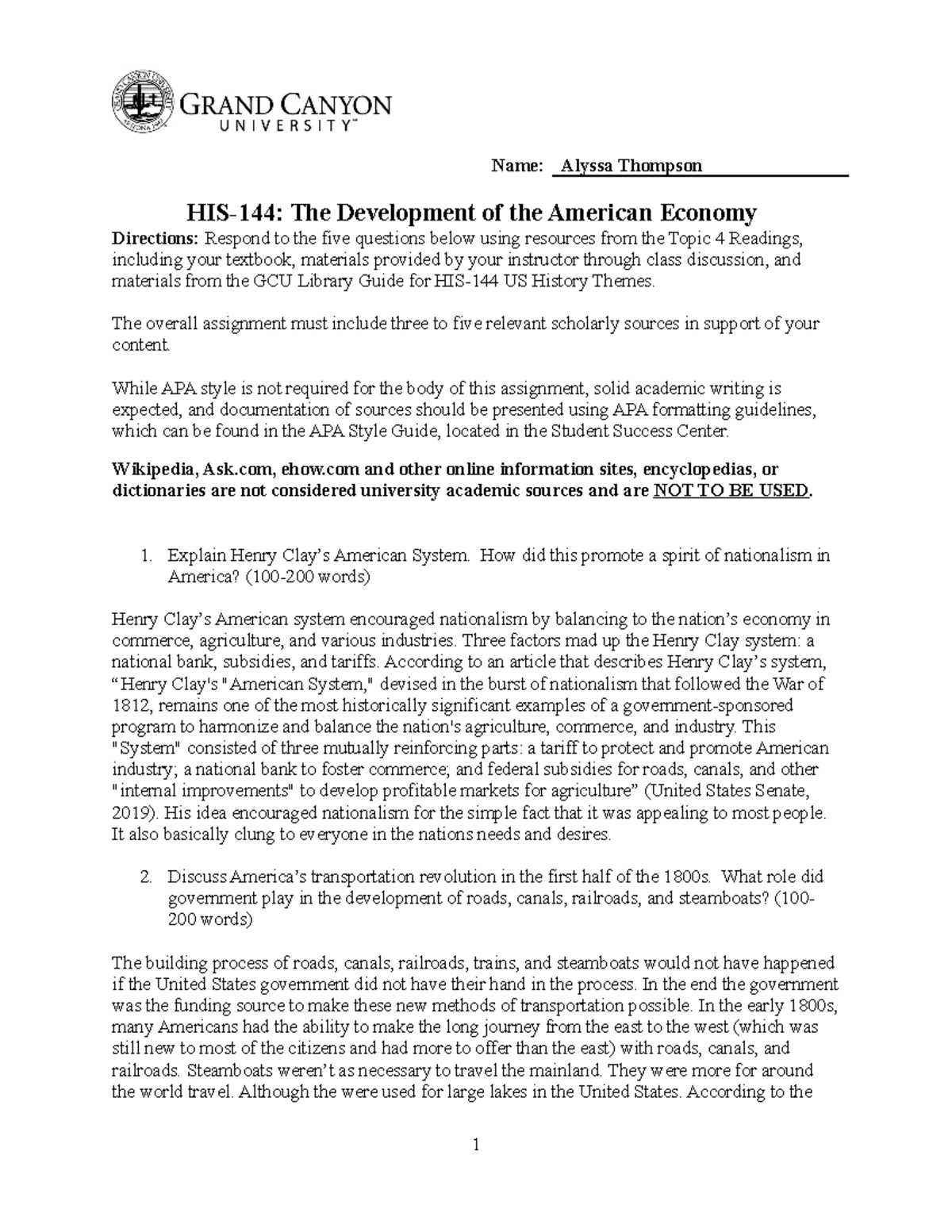 Development of the American Economy Worksheet - Name: Alyssa Thompson ...
