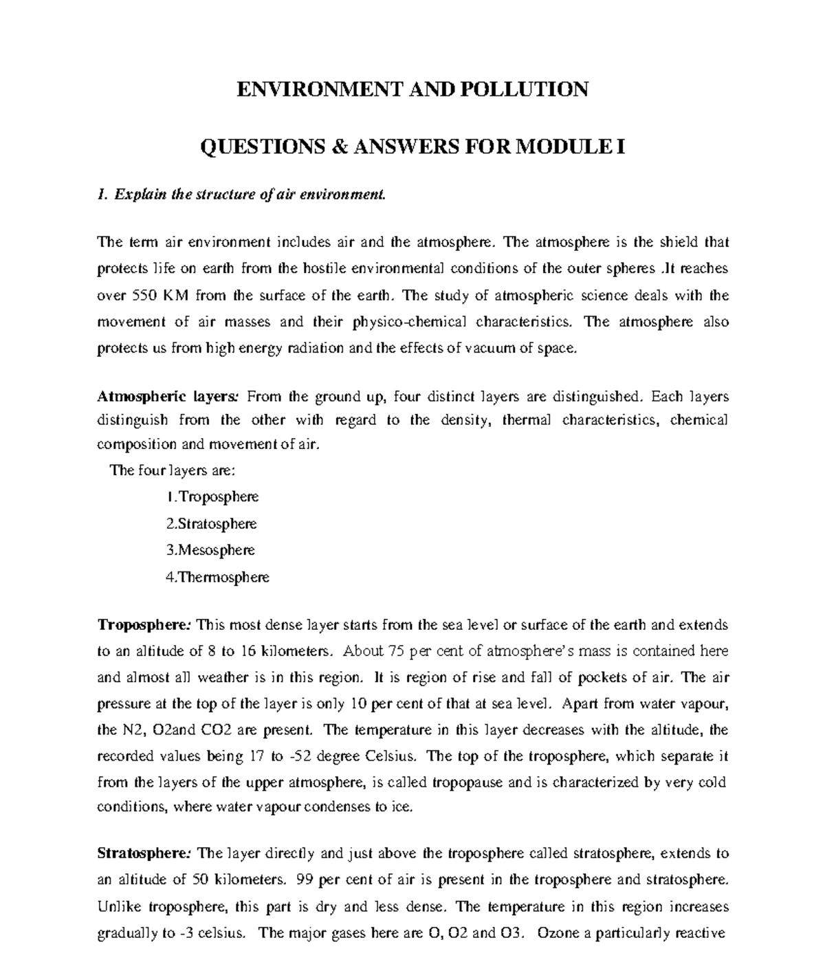 Module 1 Part 1 ENVIRONMENT AND POLLUTION QUESTIONS ANSWERS FOR module-1-part-1-environment-and-pollution-questions-answers-for
