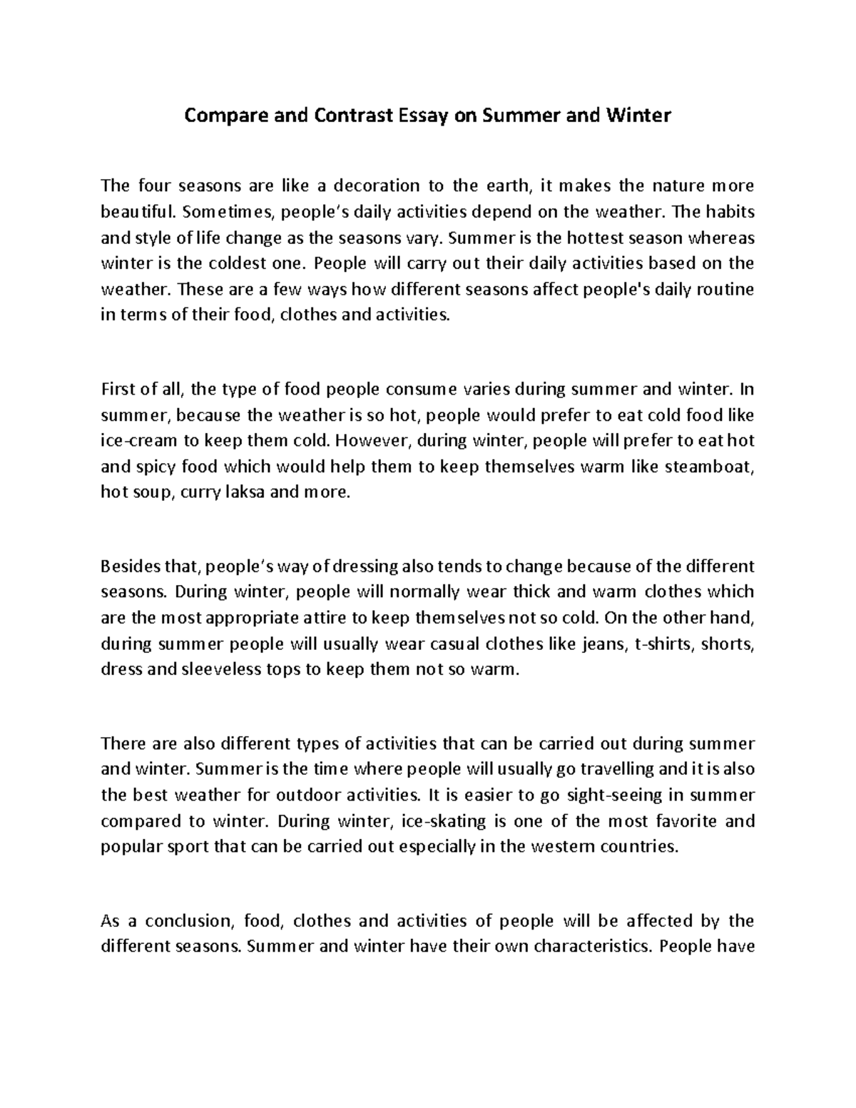 Compare And contrast - Compare and Contrast Essay on Summer and Winter ...