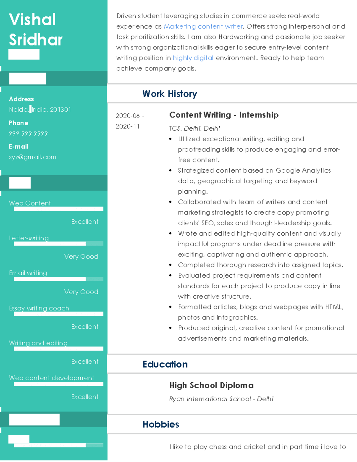 12th pass resume download ms word - Vishal Sridhar Student Contact ...