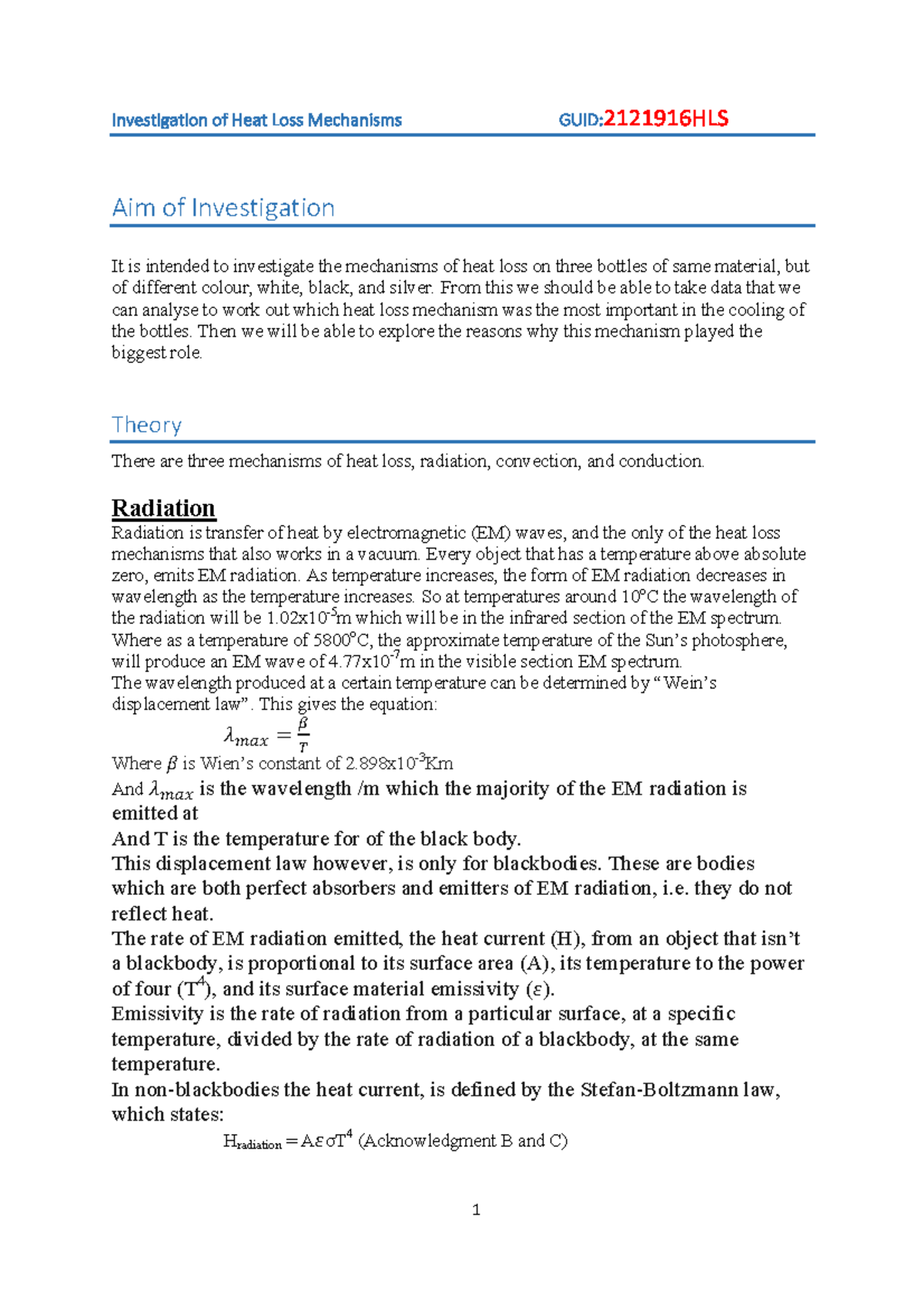 Investigation of Heat Loss Mechanisms - Aim of Investigation It is ...