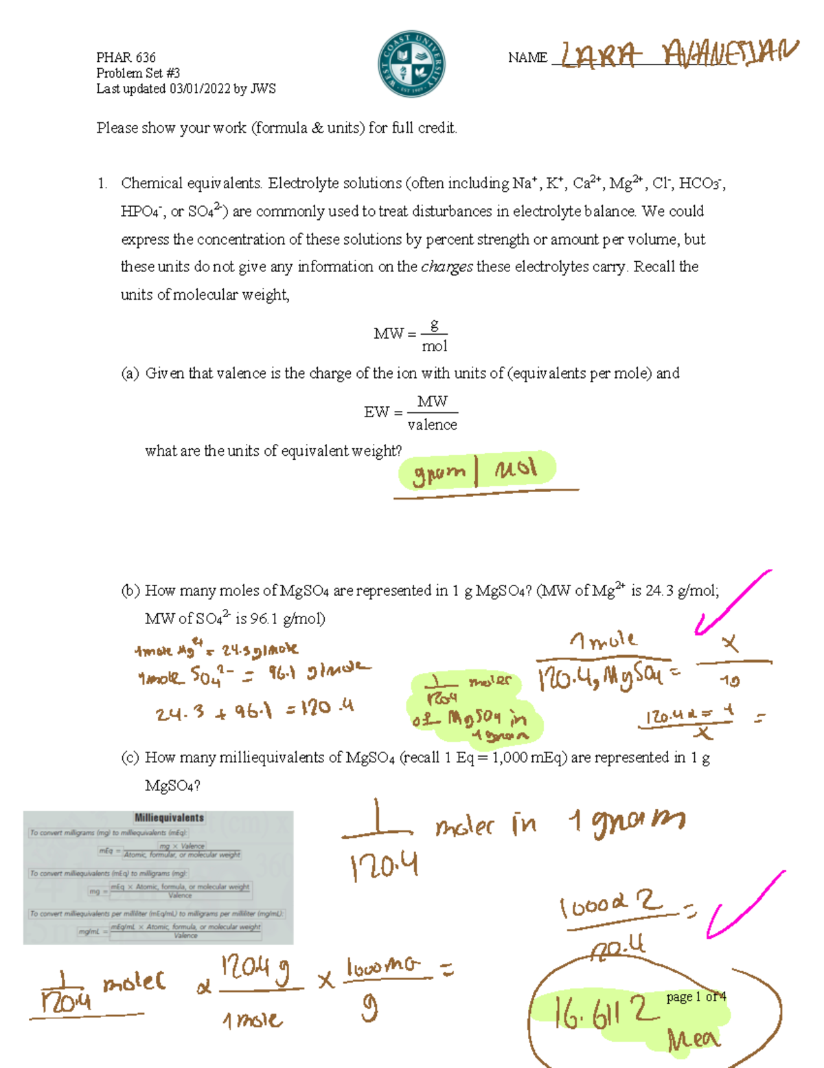 PHAR 636 Probelm SET 3 Answers - PHAR 636 NAME __________________________ Problem Set # Last ...