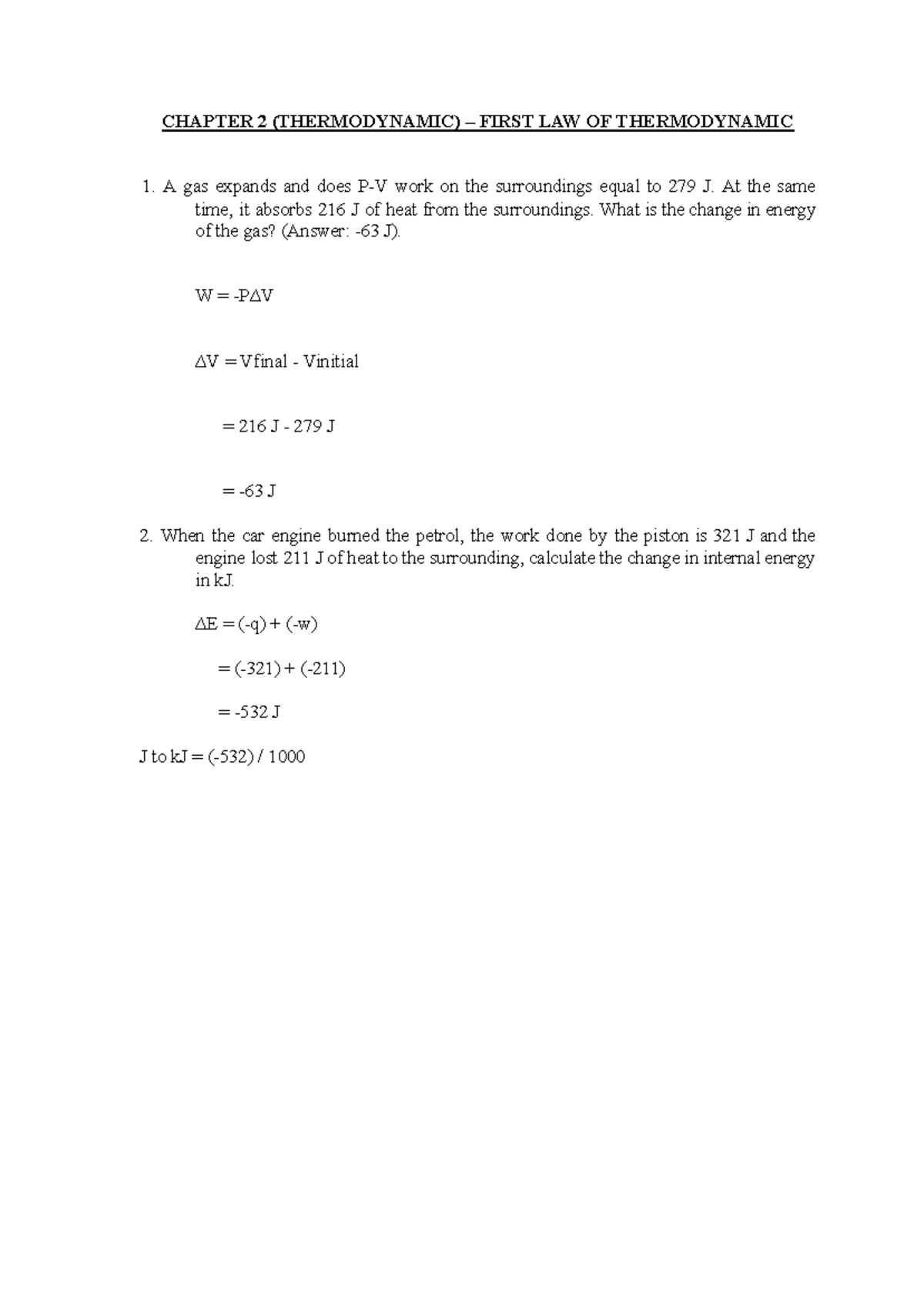 Practice Chapter 2 ( First LAW OF Thermodynamics) - CHAPTER 2 ...