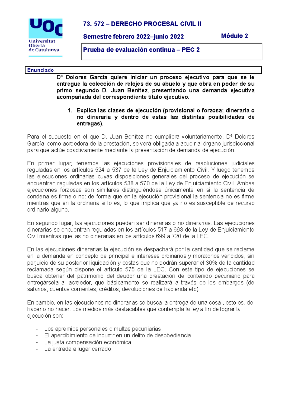 73752 PEC2 Procesal - 73. 572 – DERECHO PROCESAL CIVIL II Semestre febrero 2022–junio 2022 ...
