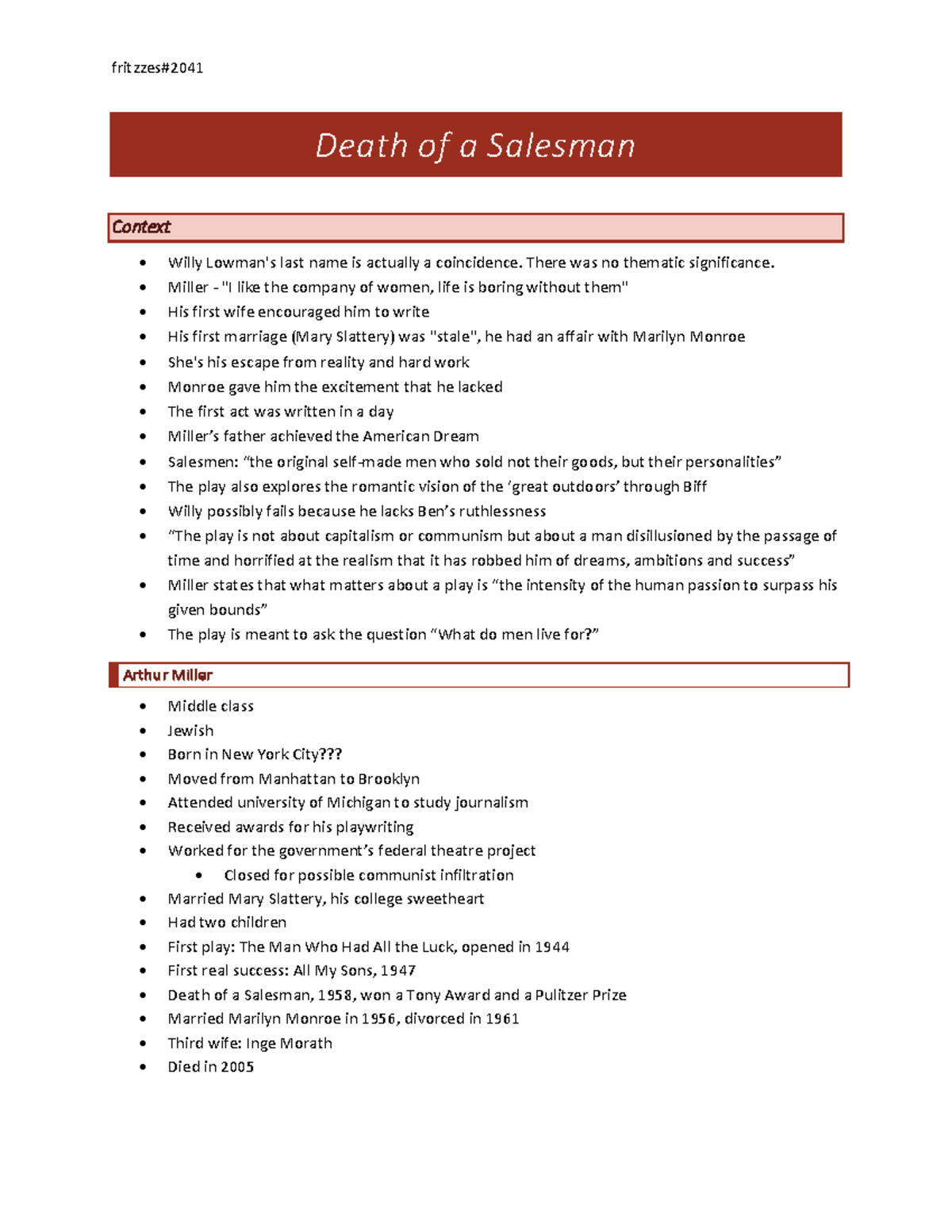 Doas notes - hello by thanks - Death of a Salesman Context Willy Lowman ...