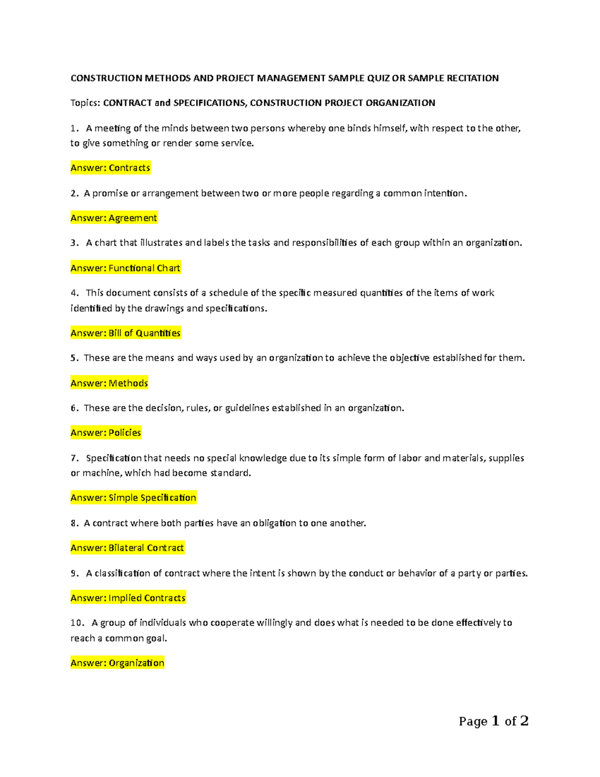 Construction Methods AND Project Management Sample QUIZ OR Sample ...