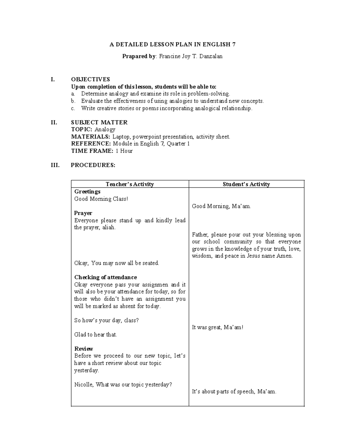 A Detailed Lesson PLAN IN Grade 7 - A DETAILED LESSON PLAN IN ENGLISH 7 ...