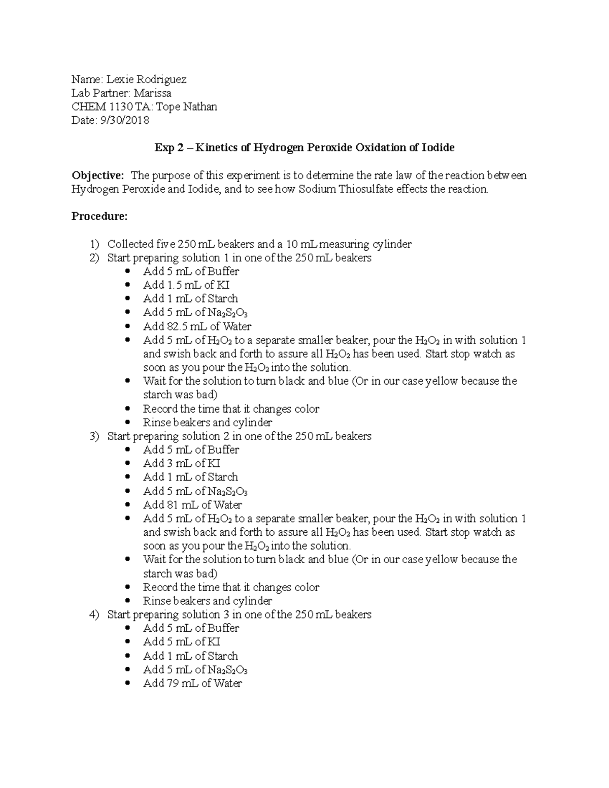 Exp 2- Kinetics Lab Report - Name: Lexie Rodriguez Lab Partner: Marissa ...