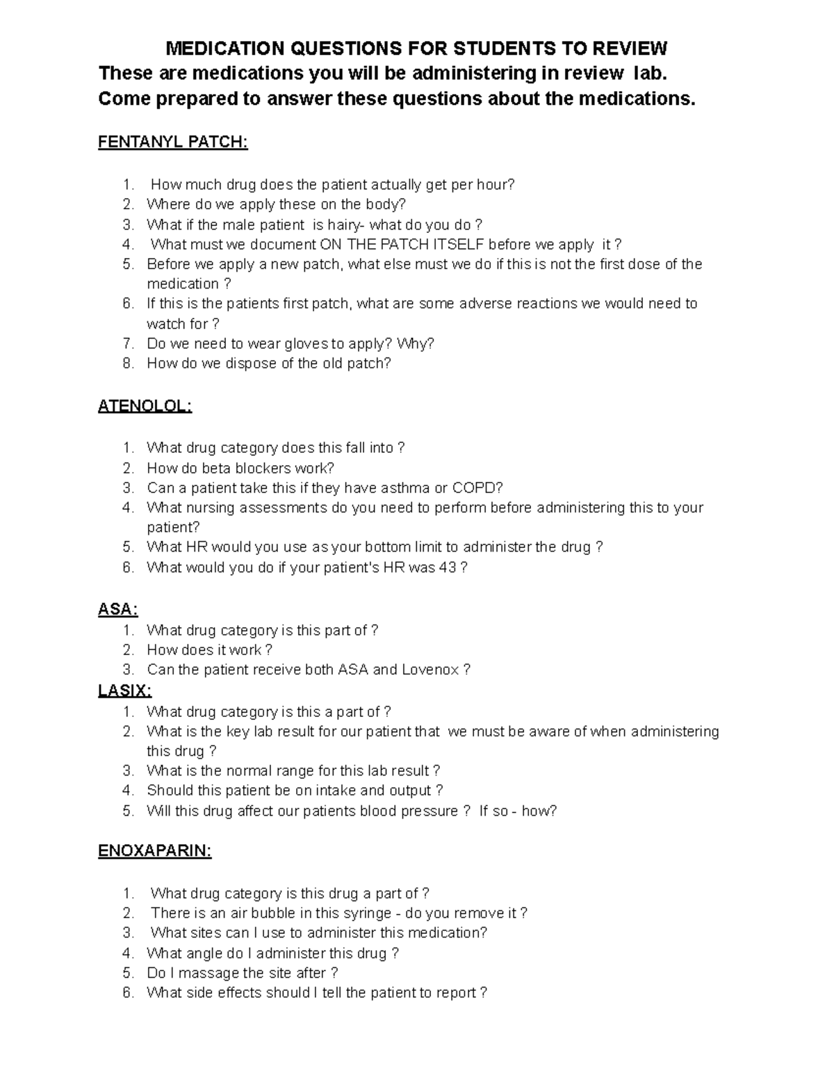 Medication Questions FOR Students - MEDICATION QUESTIONS FOR STUDENTS ...