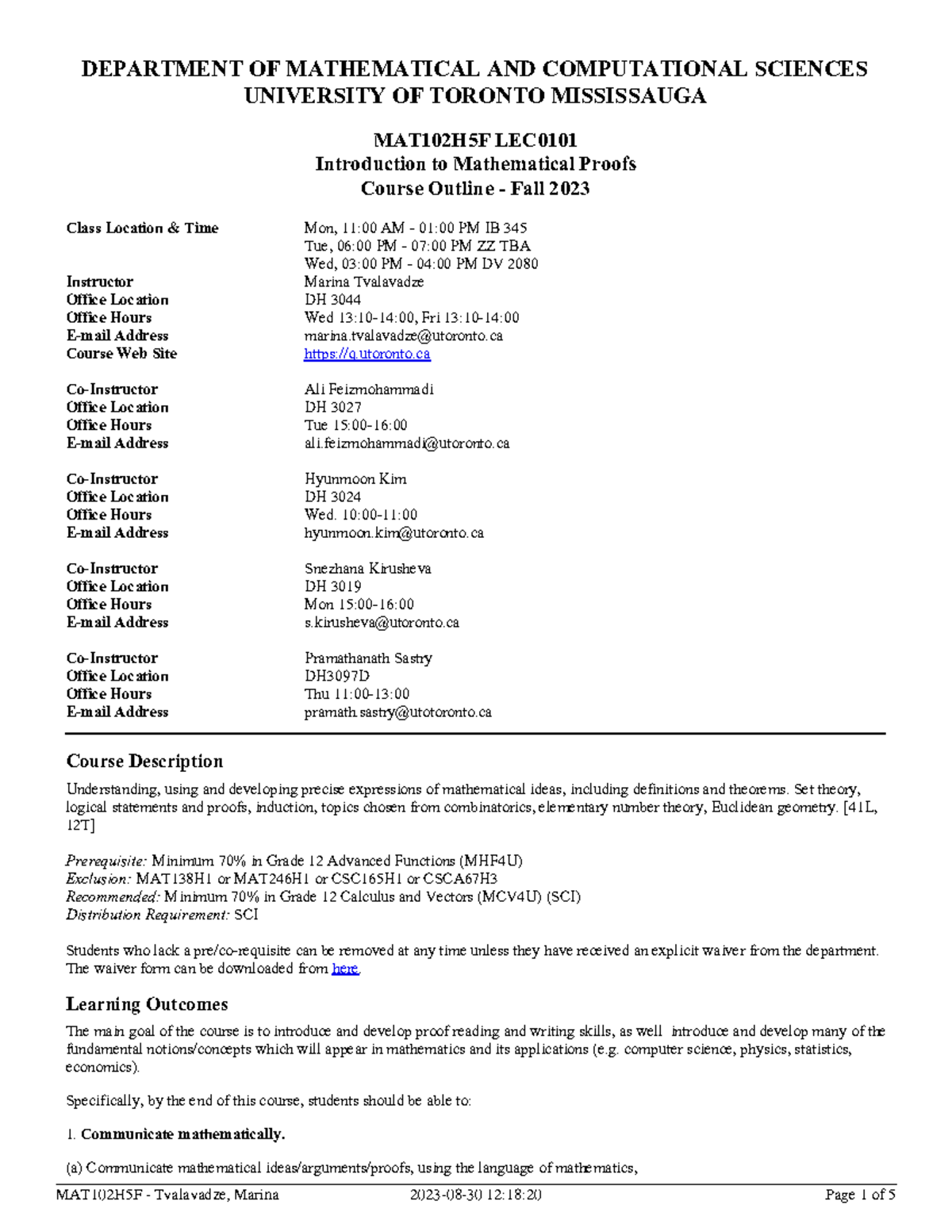 Course Syllabus - DEPARTMENT OF MATHEMATICAL AND COMPUTATIONAL SCIENCES ...