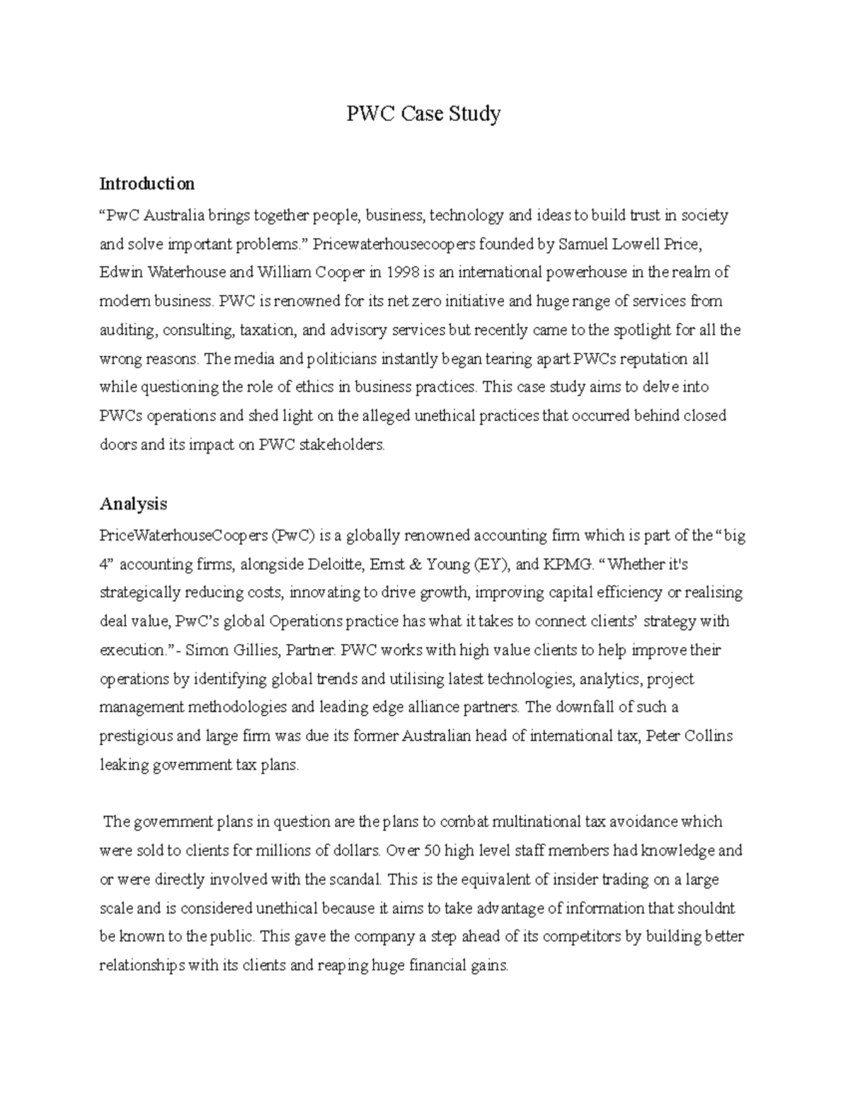 ACCG1000 Case Study Report - PWC Case Study Introduction “PwC Australia ...