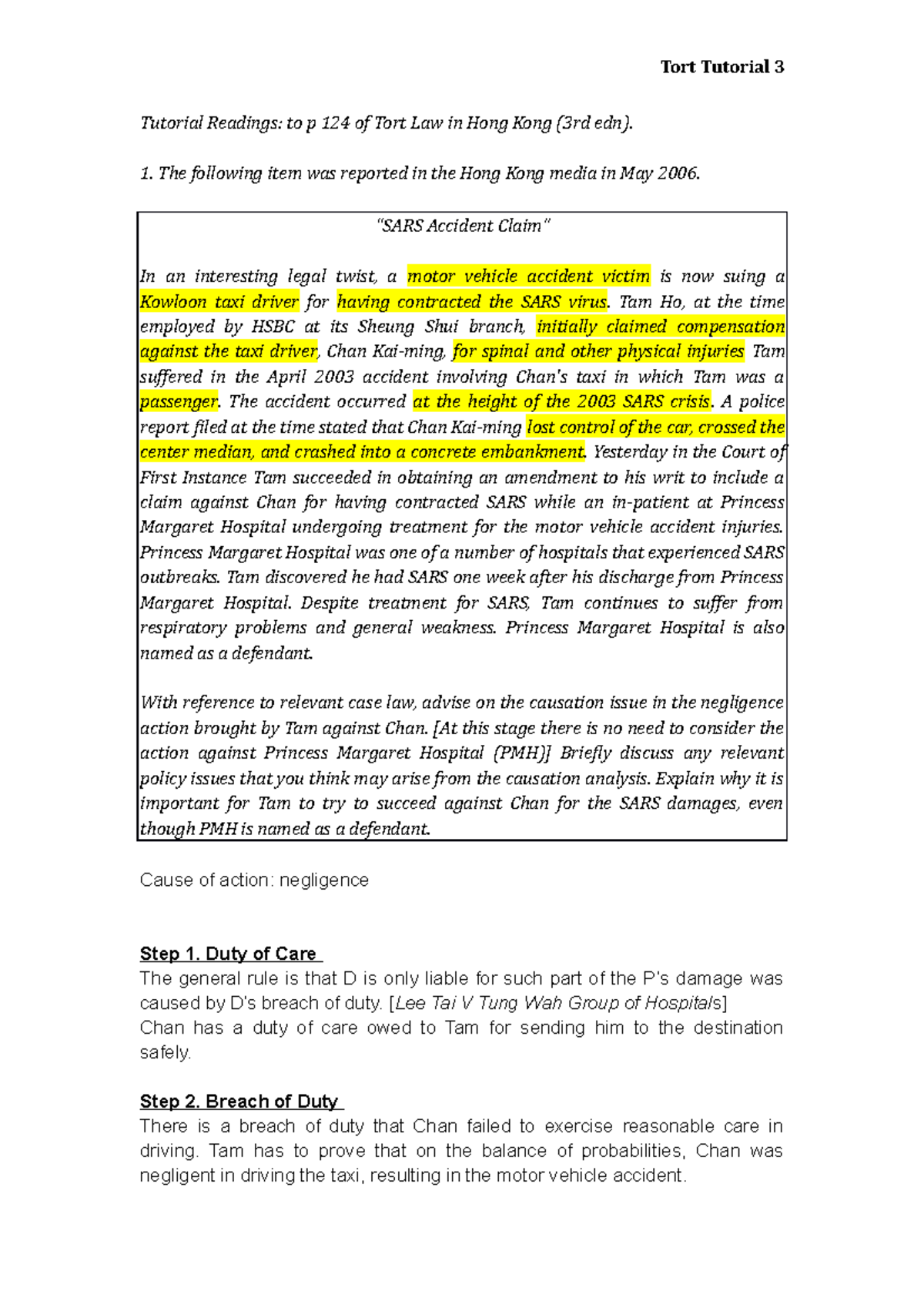 Tort Tutorial 3 - Causation - Tort Tutorial 3 Tutorial Readings: to p 124 of Tort Law in Hong ...