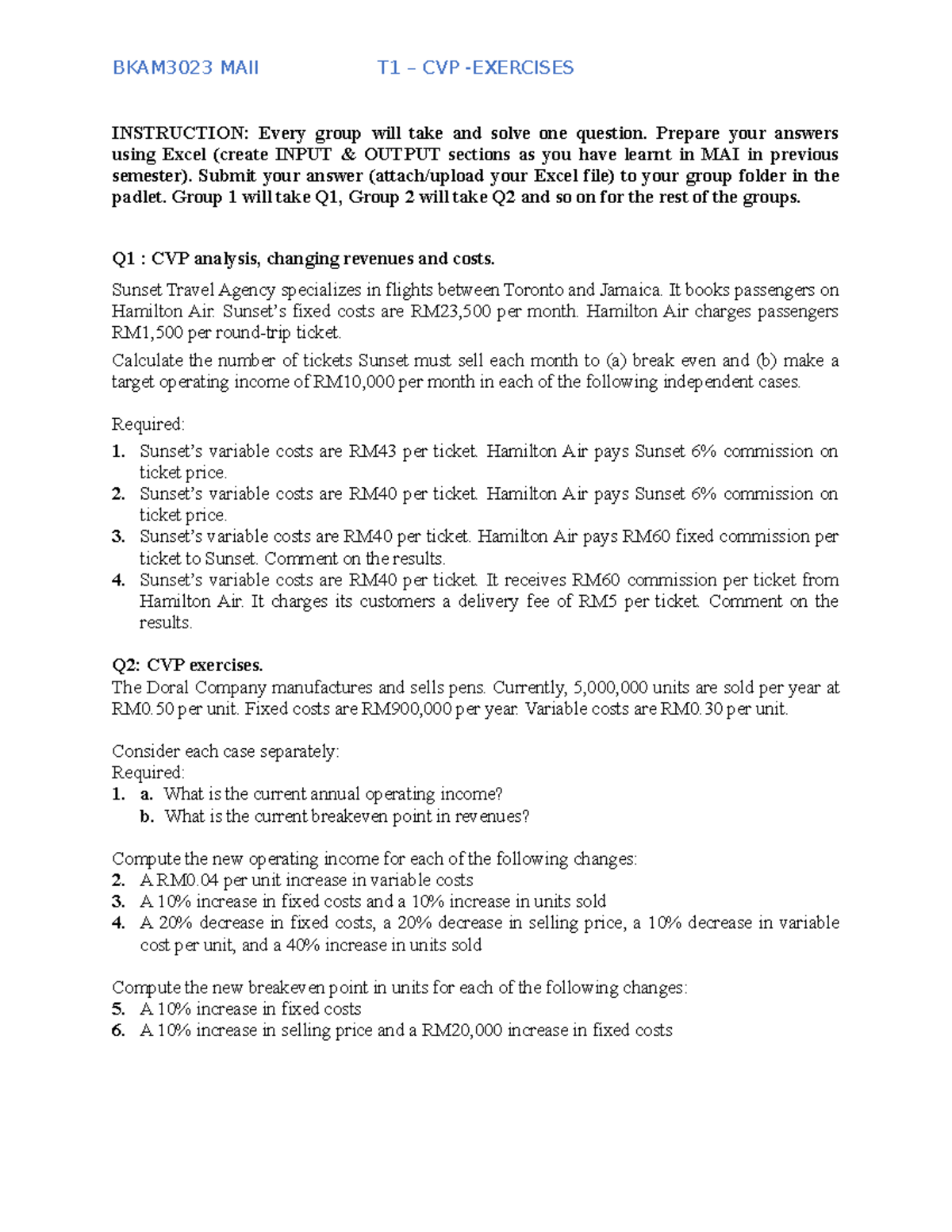 Exercises T1 CVP Qs - easy - BKAM3023 MAII T1 – CVP -EXERCISES ...