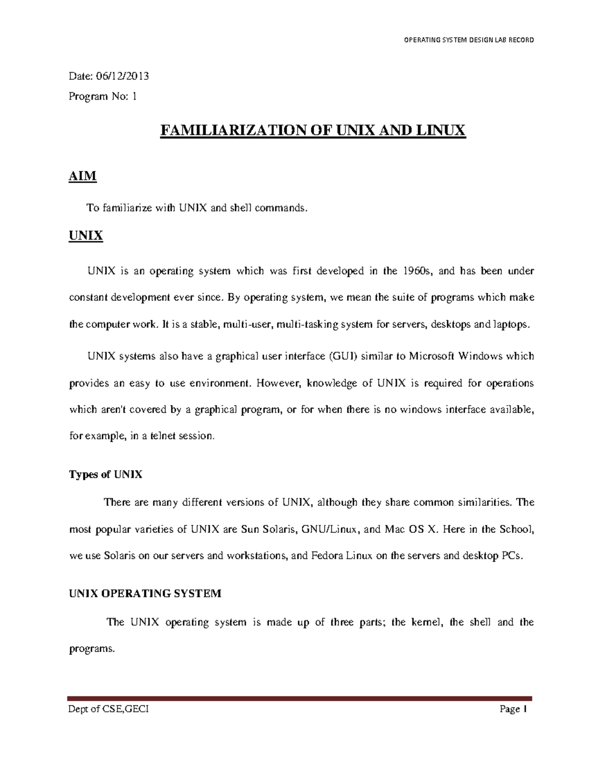 Familiarize with Unix and linux - Date: 06/12/ Program No: 1 ...