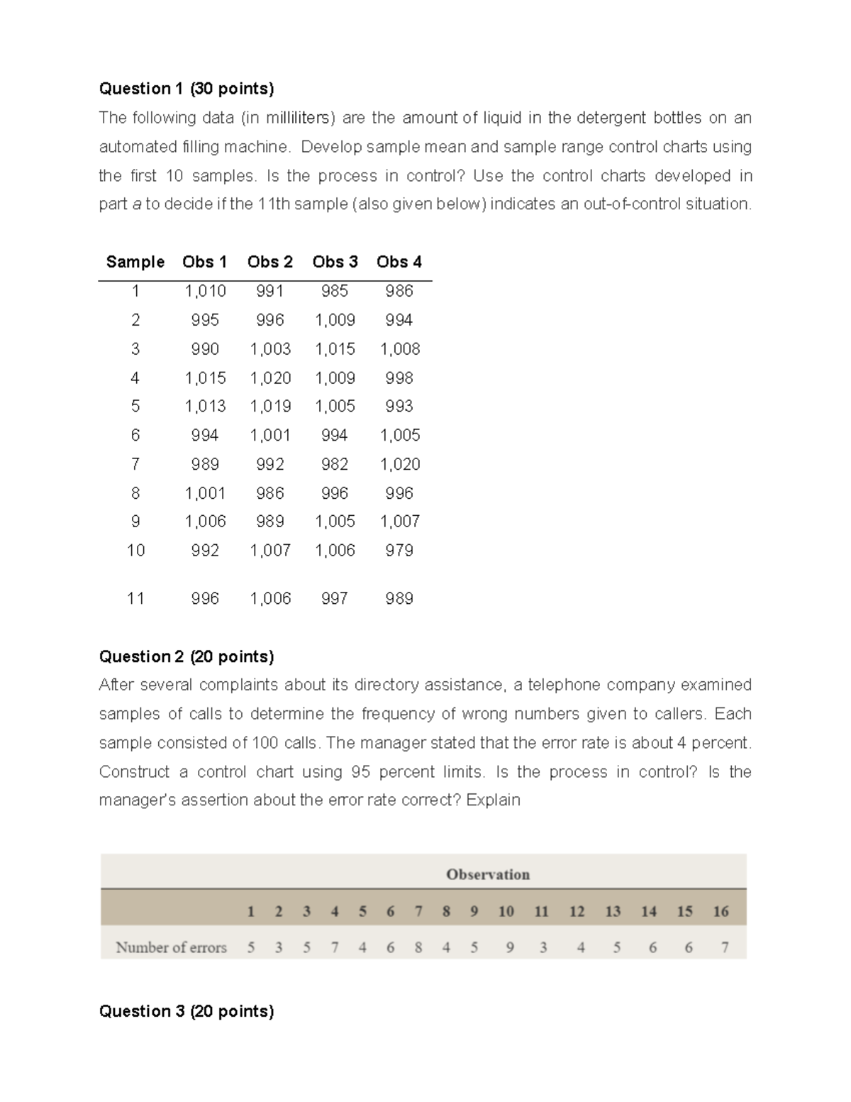 3301 Assignment 4 - Question 1 (30 points) The following data (in ...