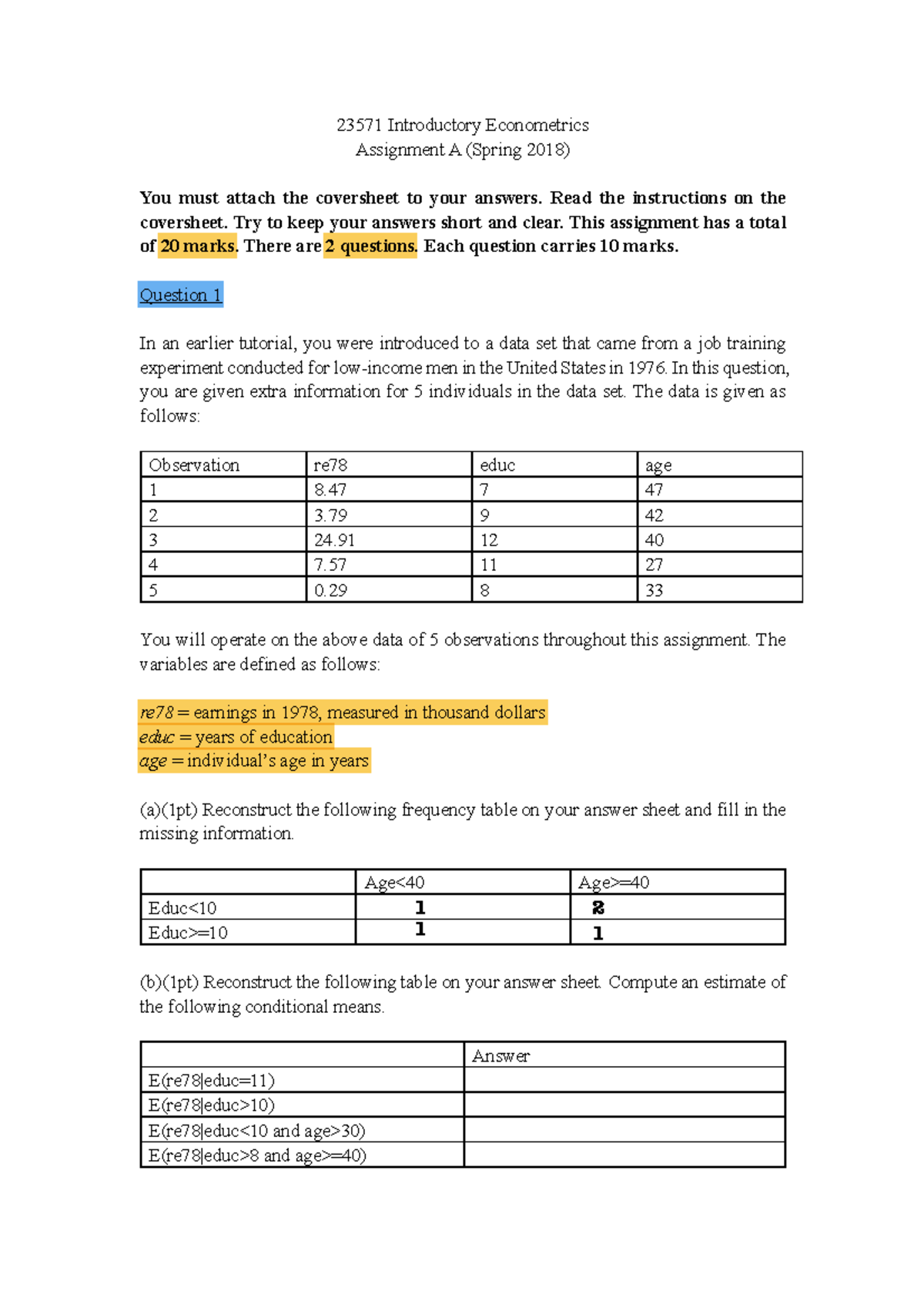 Assignment A questions spring 2018 - 23571 Introductory Econometrics Assignment A (Spring 2018 ...