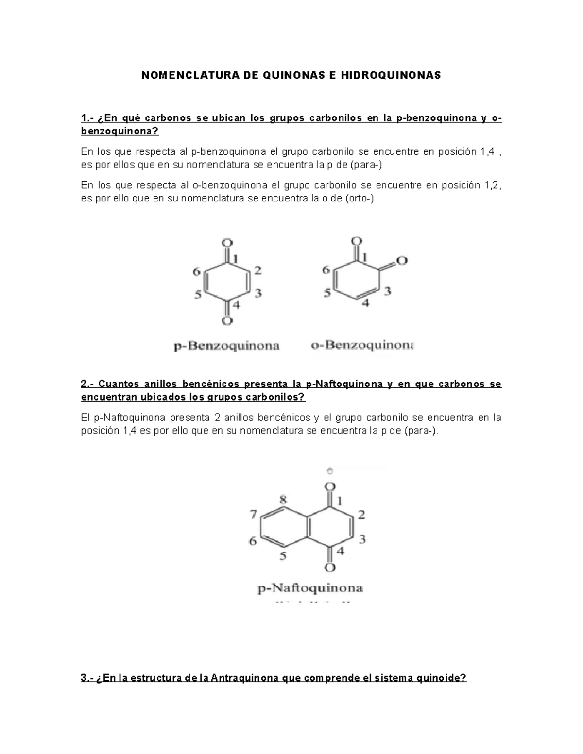 Quinonas - Apuntes 4 - NOMENCLATURA DE QUINONAS E HIDROQUINONAS 1.- ¿En ...