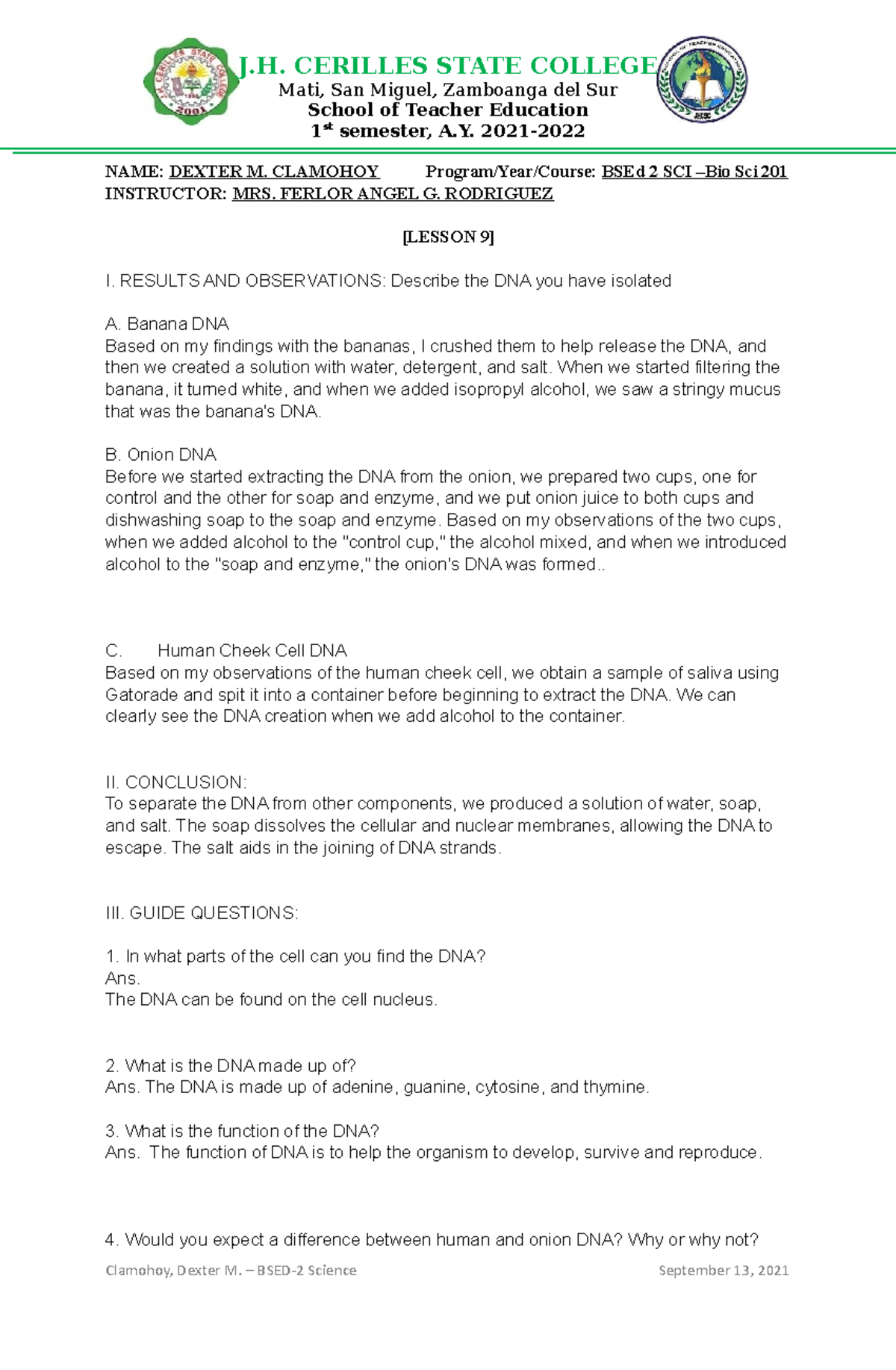 Clamohoy, Dexter-BSEd 2 Science-Bio Sci 201- DNA Isolation - J ...