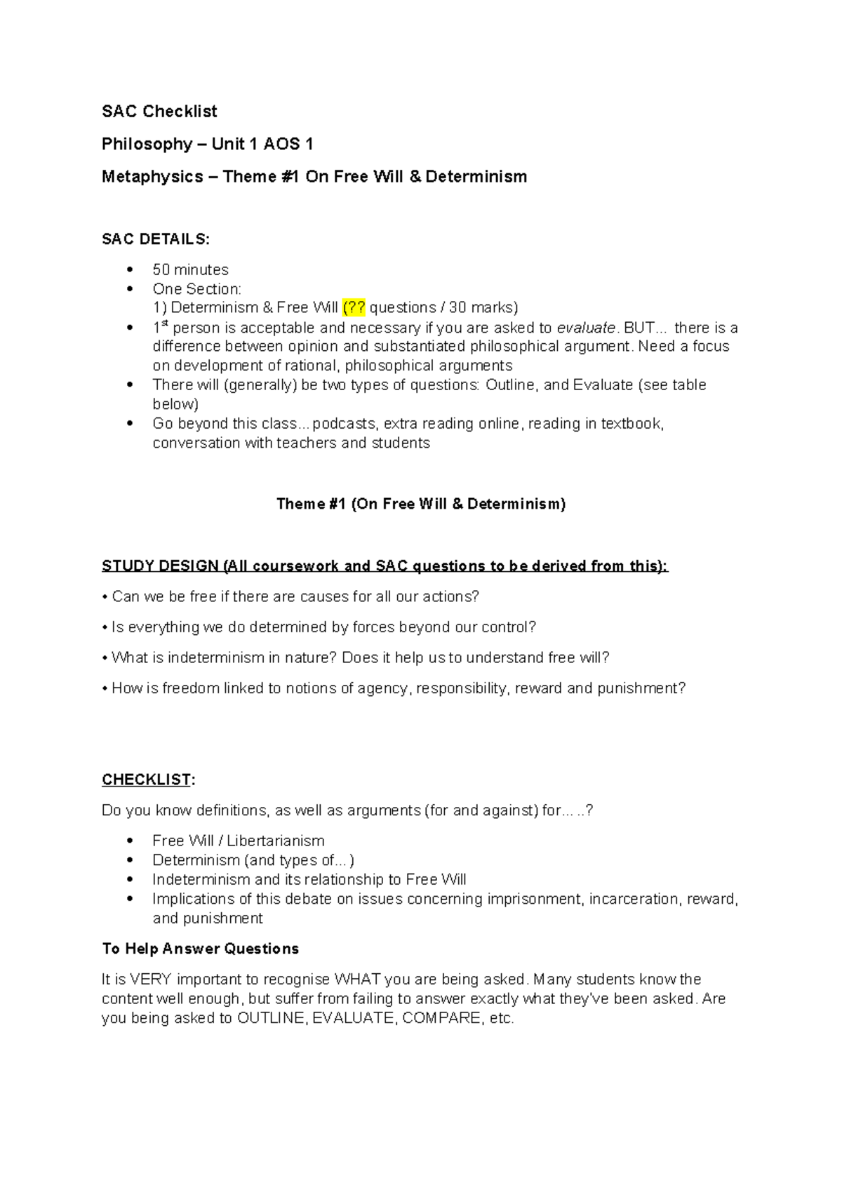 Unit 1 AOS 1 Metaphysics Checklist - SAC Checklist Philosophy – Unit 1 ...