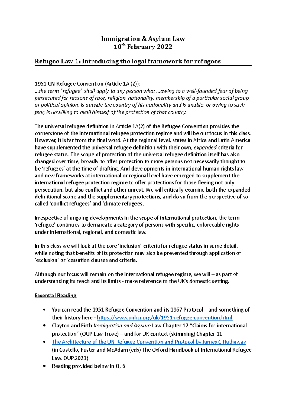 IA - Refugee Law - Seminar 11 - Immigration & Asylum Law 10 th February ...
