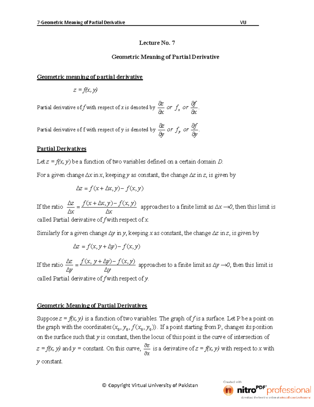 Limit and continuity - Lecture No. 7 Geometric Meaning of Partial ...