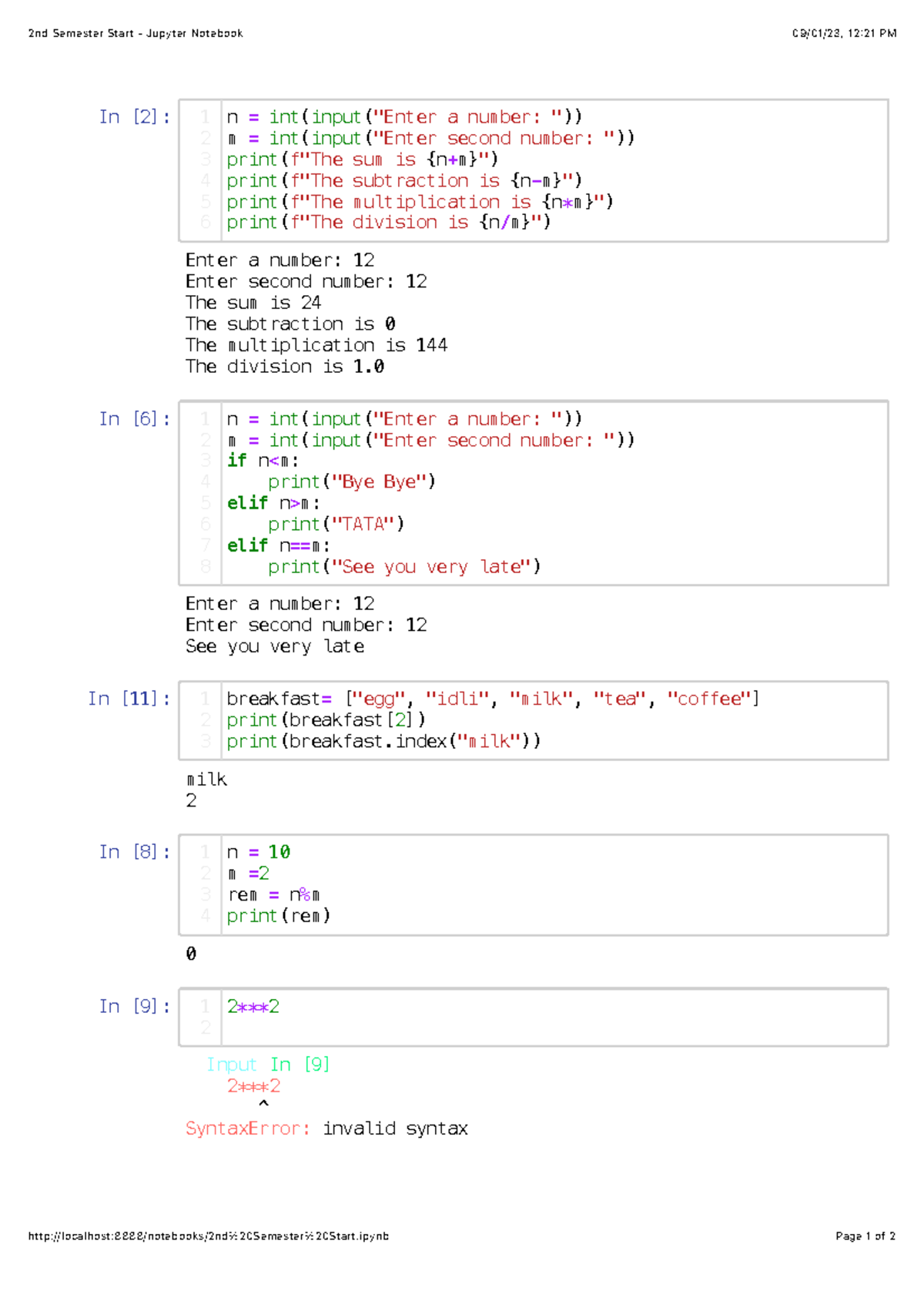 2nd Semester Start - Jupyter Notebook - Enter a number: 12 Enter second ...