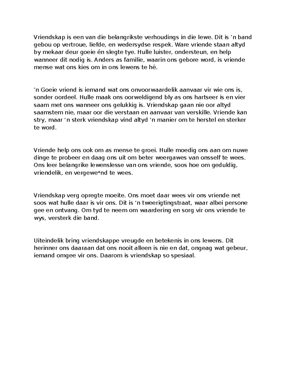 Afrikaaans - A simple friendship essay - Vriendskap is een van die ...