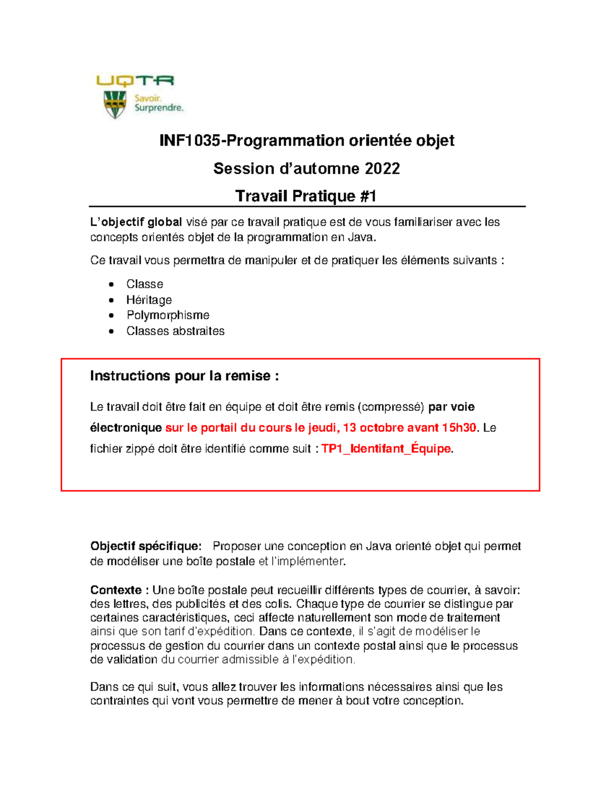 Travail pratique #1 - devoir maison de java - INF1035-Programmation orientée objet Session d ...