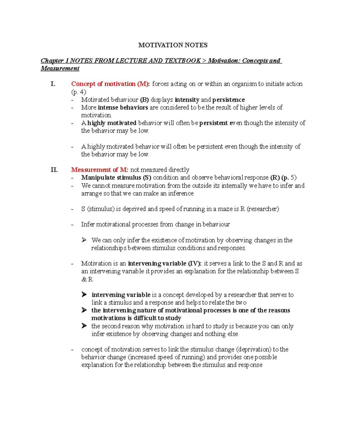 Motivation Notes - MOTIVATION NOTES Chapter 1 NOTES FROM LECTURE AND ...