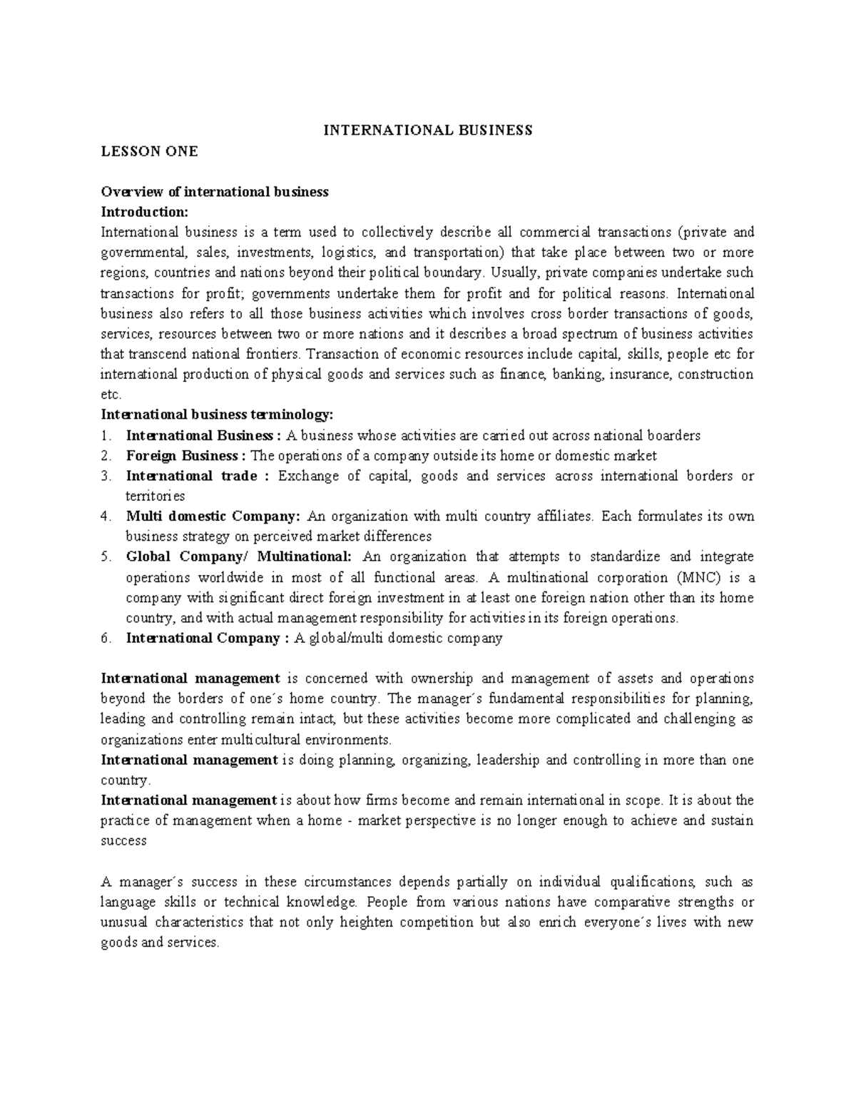 Introduction to International Business - INTERNATIONAL BUSINESS LESSON ...