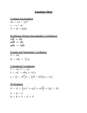 Kinematics & Dynamics: Exam #3 Equation Sheet - Equations Sheet ...