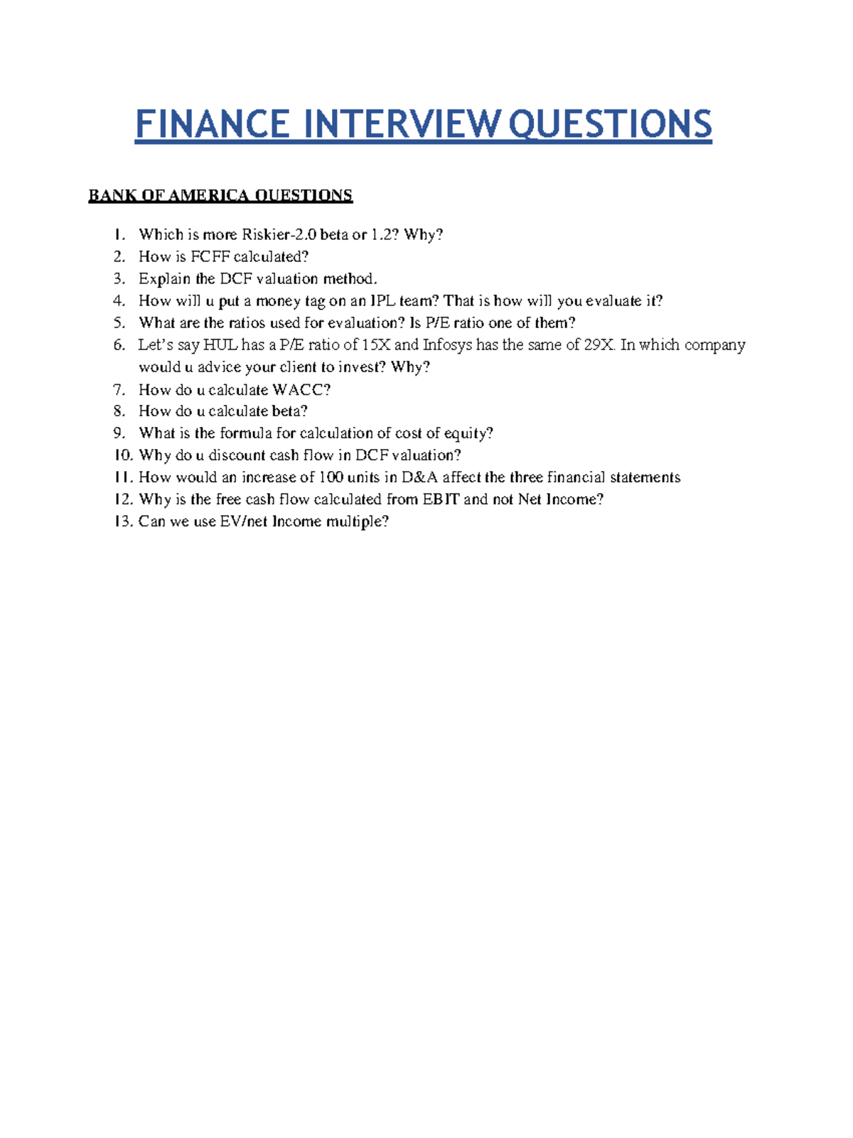 Finance Interview Questions - FINANCE INTERVIEW QUESTIONS BANK OF ...