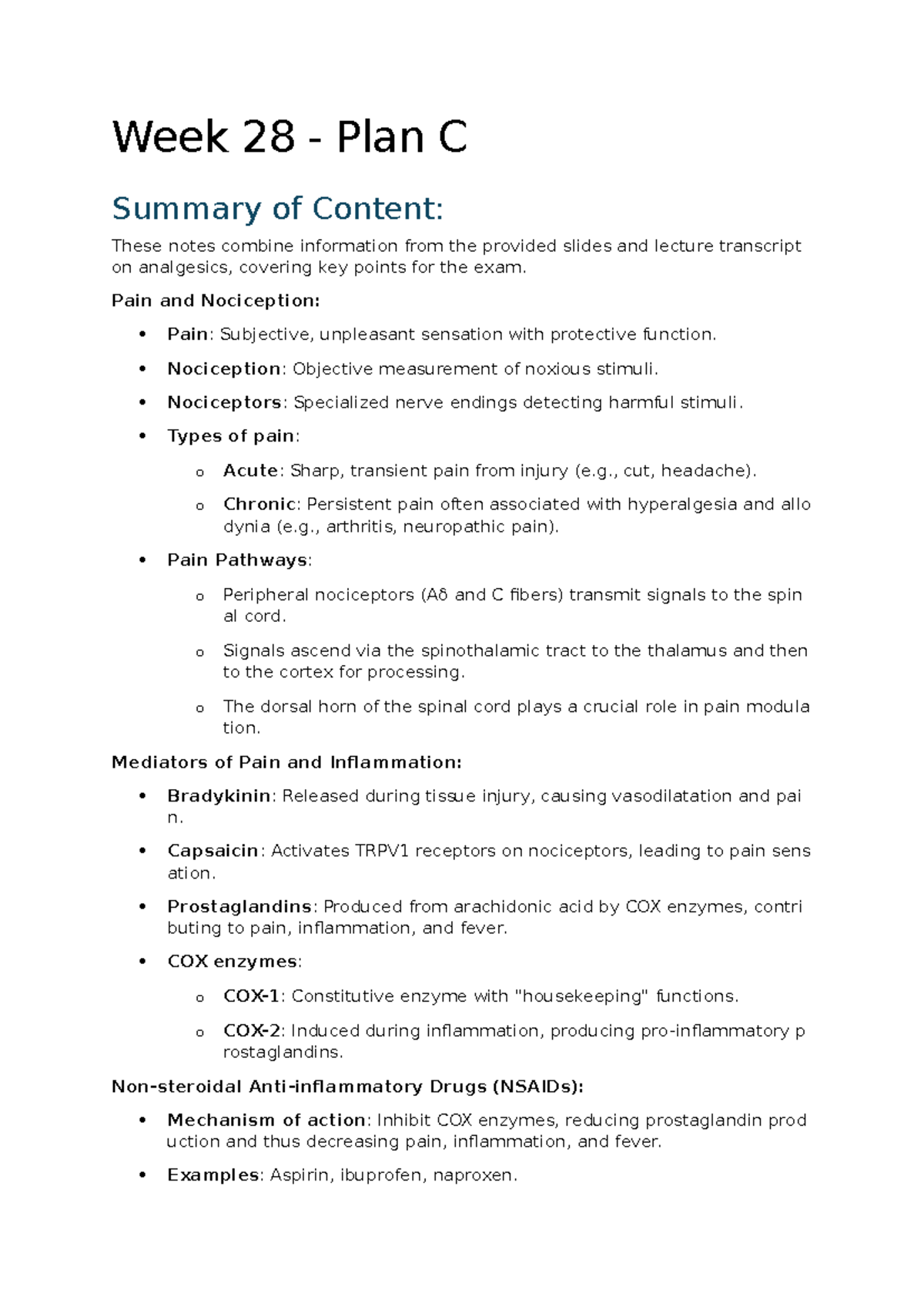 Week 28 - Week 28 summary - Week 28 - Plan C Summary of Content: These ...