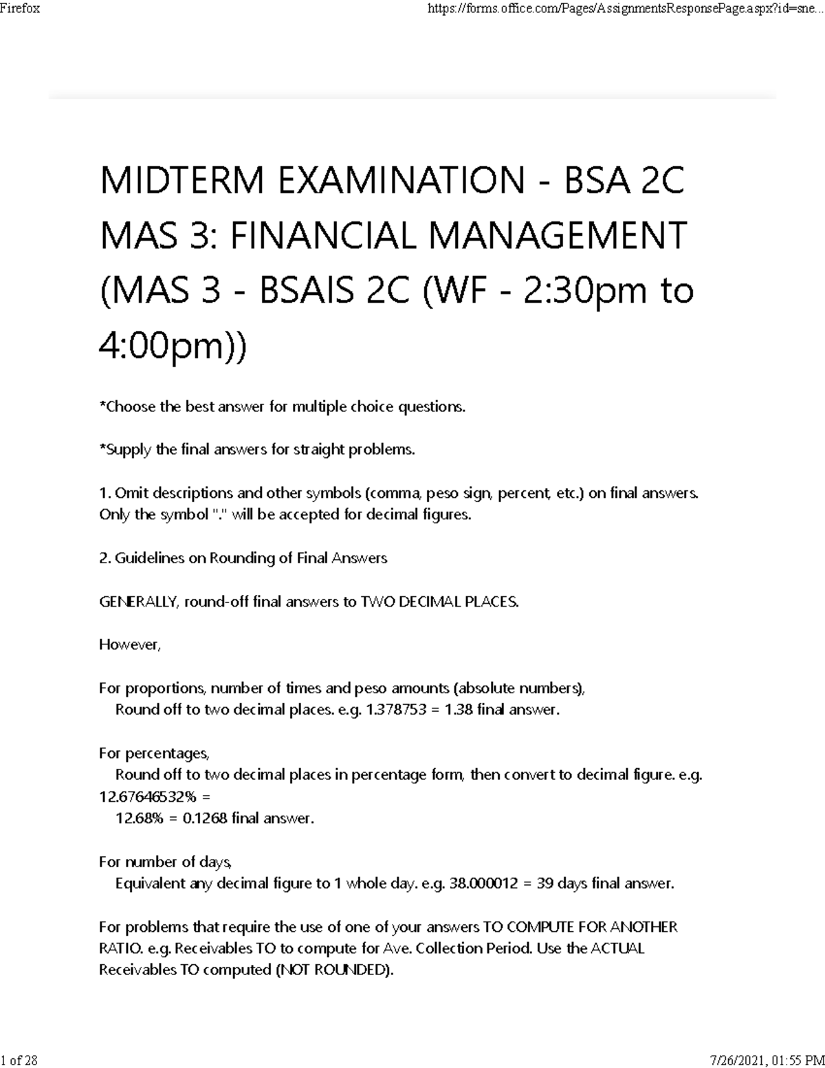 PART 1 Midterm Examination BSA 2C MAS 3 Financial Management MAS 3 ...