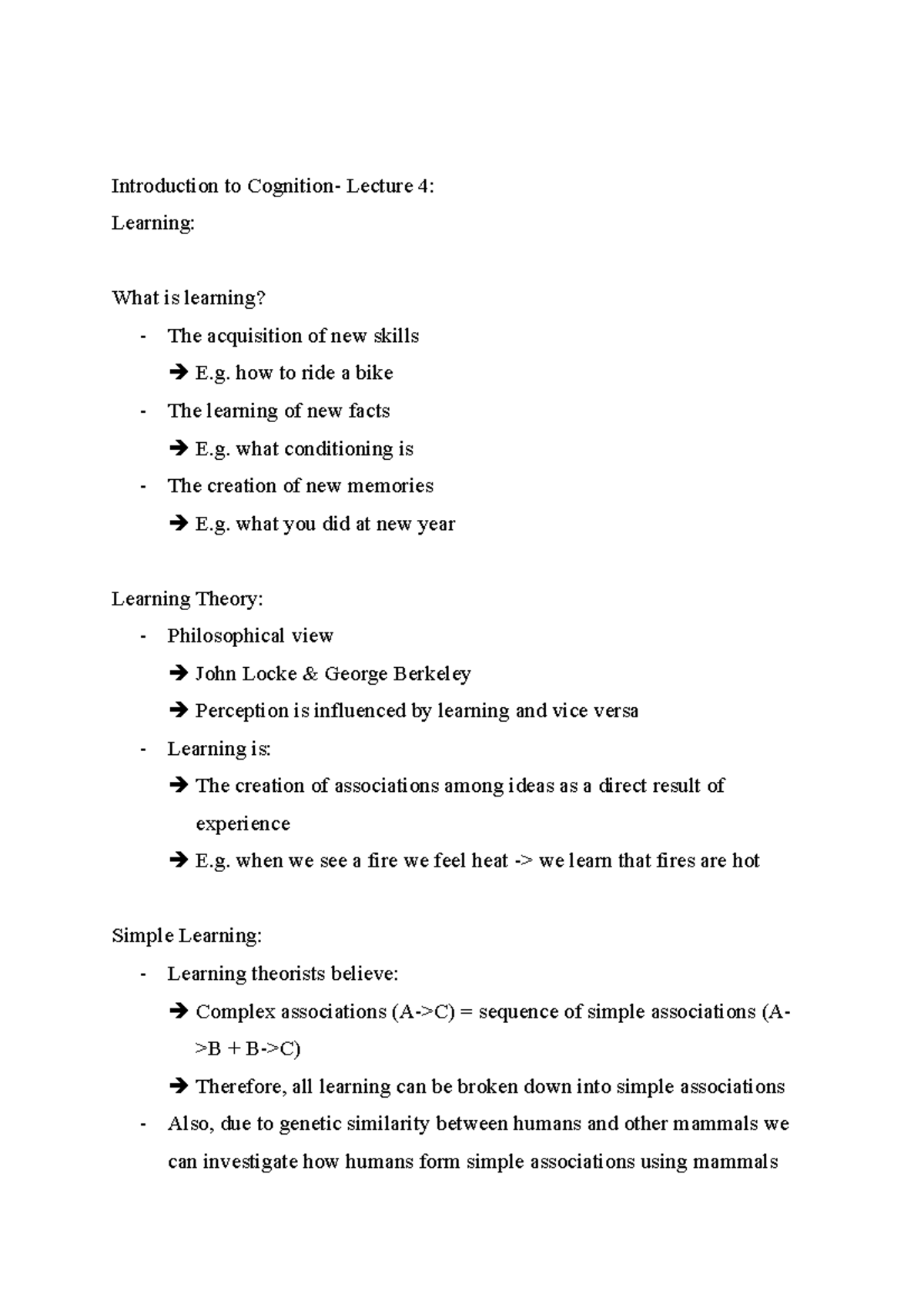 Lecture 4 Learning Introduction To Cognition Lecture 4 Learning What Is Learning The