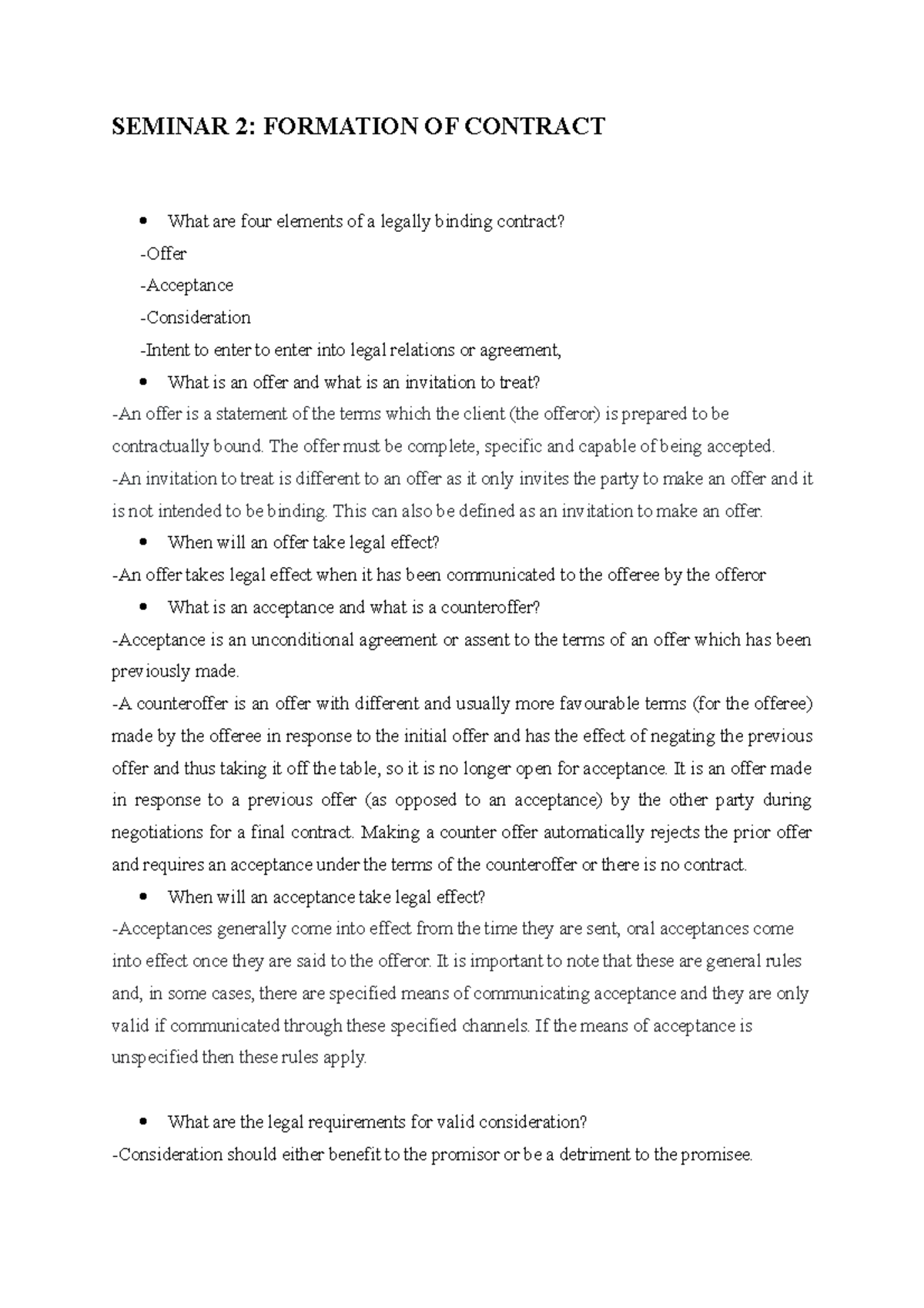 Seminar 2 Contract LAW- Formation OF Contracts 1ST Question - SEMINAR 2 ...