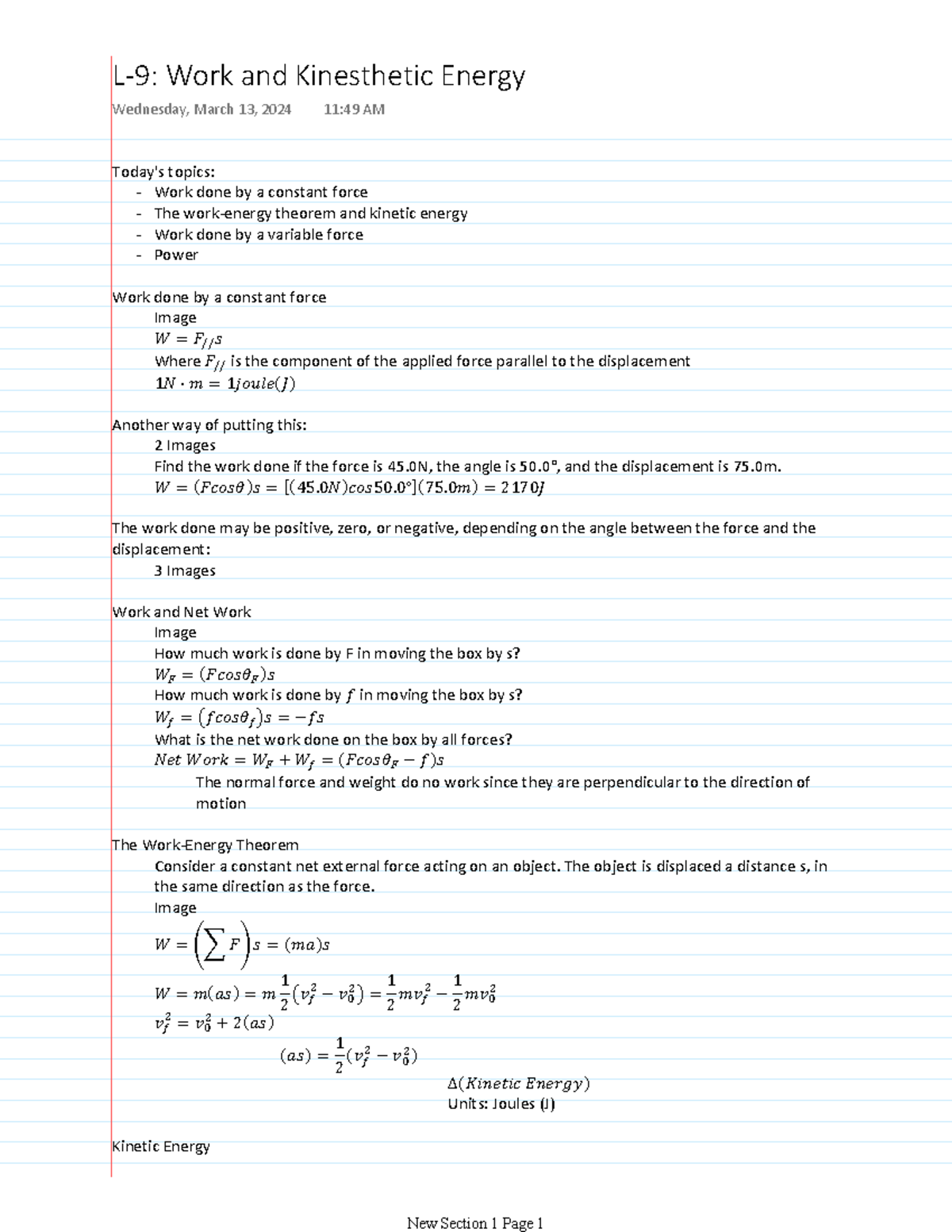 Lesson 9: Work and Kinetic Energy - Today's topics: Work done by a ...