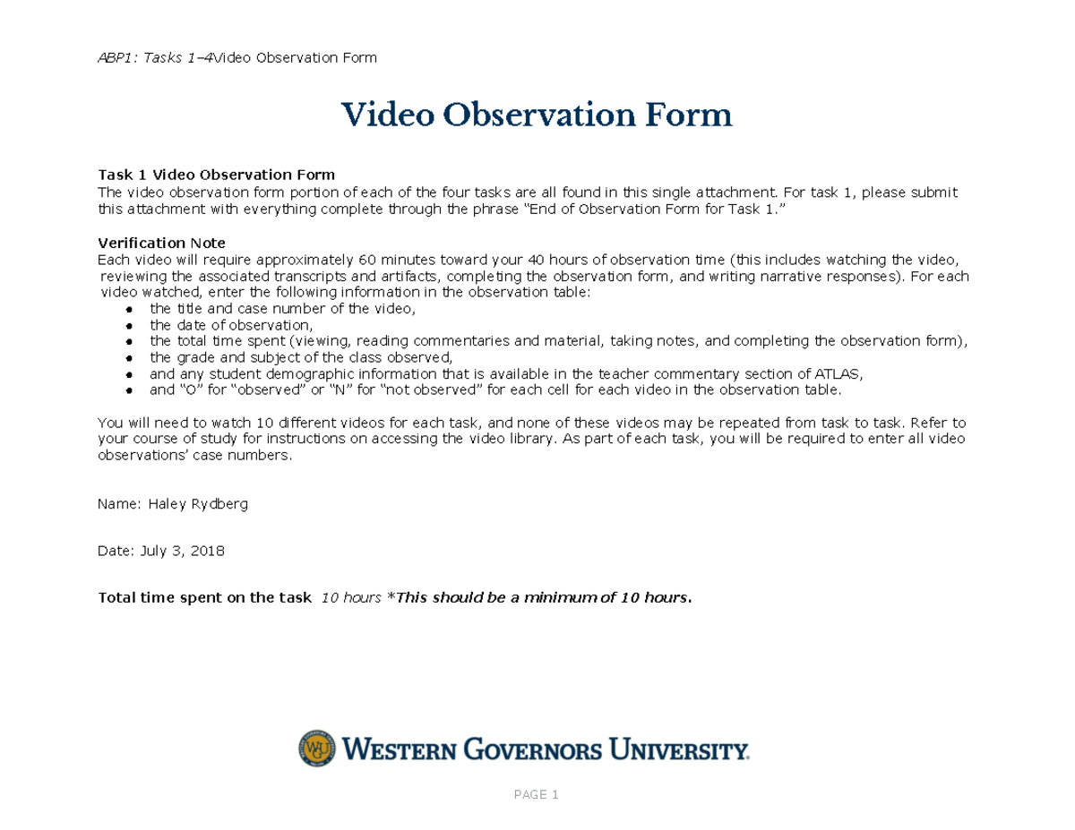 ABP1- Video Observation Form - Video Observation Form Task 1 Video ...