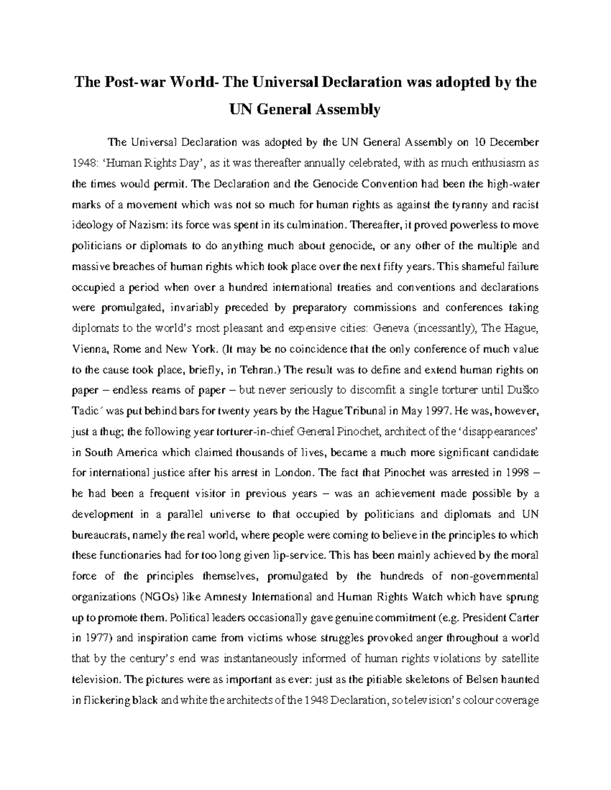 The Post-war World- The Universal Declaration was adopted by the UN ...