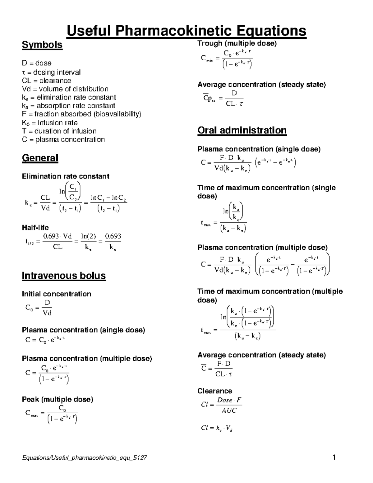 Pharmacokinetics Equations - Equations/Useful_pharmacokinetic_equ_5127 ...