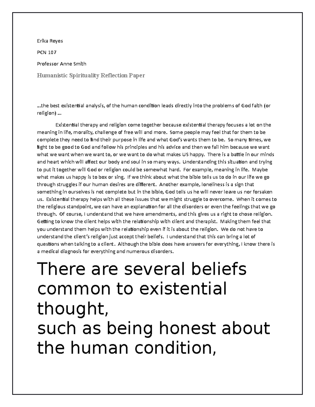 Reyes Erika, PCN107, Humanistic Spirituality Reflection Paper - Erika ...