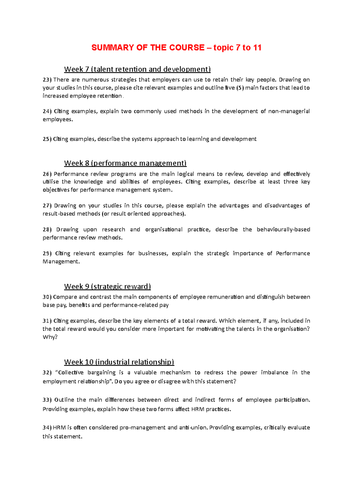 HRM Course Summary part B- 1920 - SUMMARY OF THE COURSE – topic 7 to 11 ...