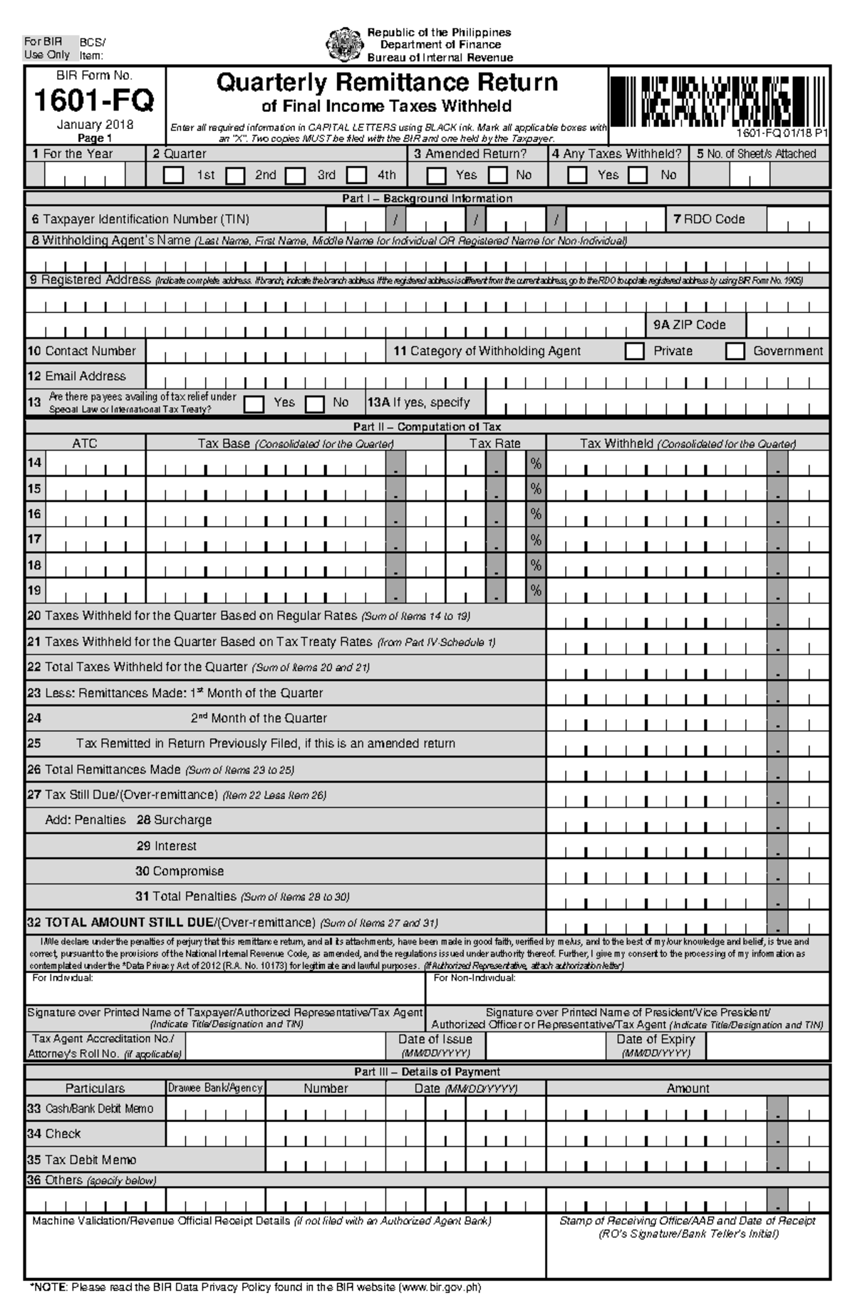 1601-FQ - description - BIR Form No. 1601 -FQ January 2018 Page 1 ...